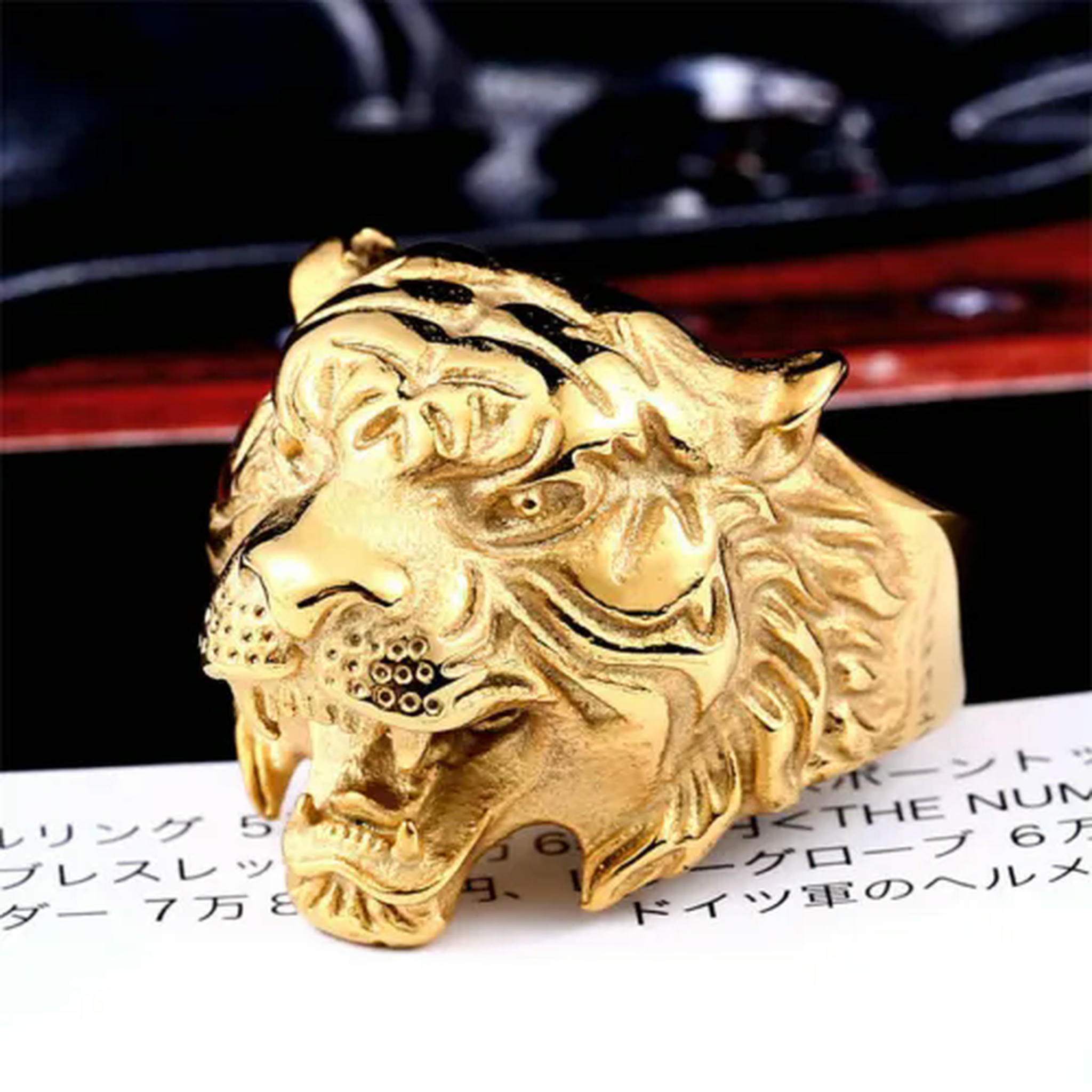 K-KED Gold Plated Men's Powerful Tiger Head Ring Stainless Steel Gothic ...