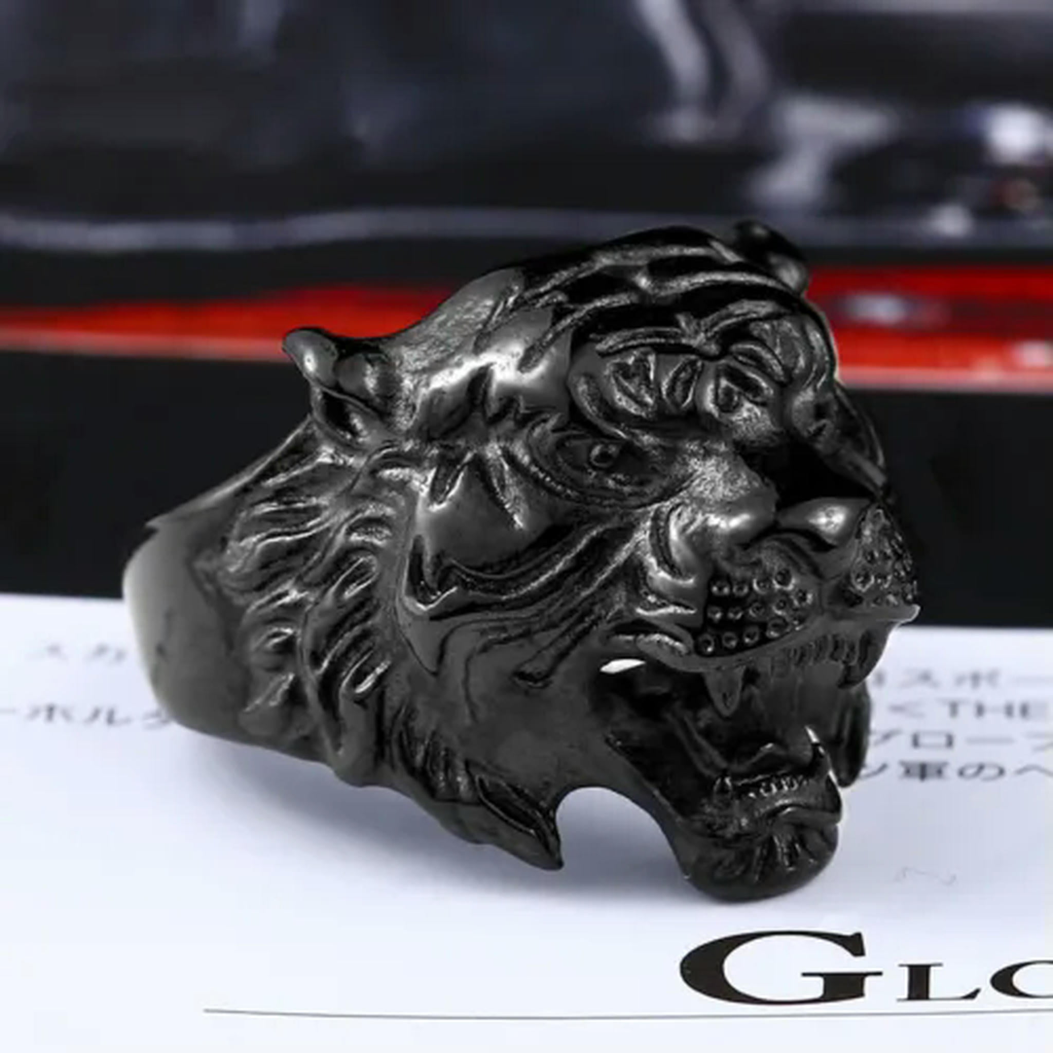K-KED Gothic Black Tiger Head Ring Stainless Steel Men's Animal Tiger ...