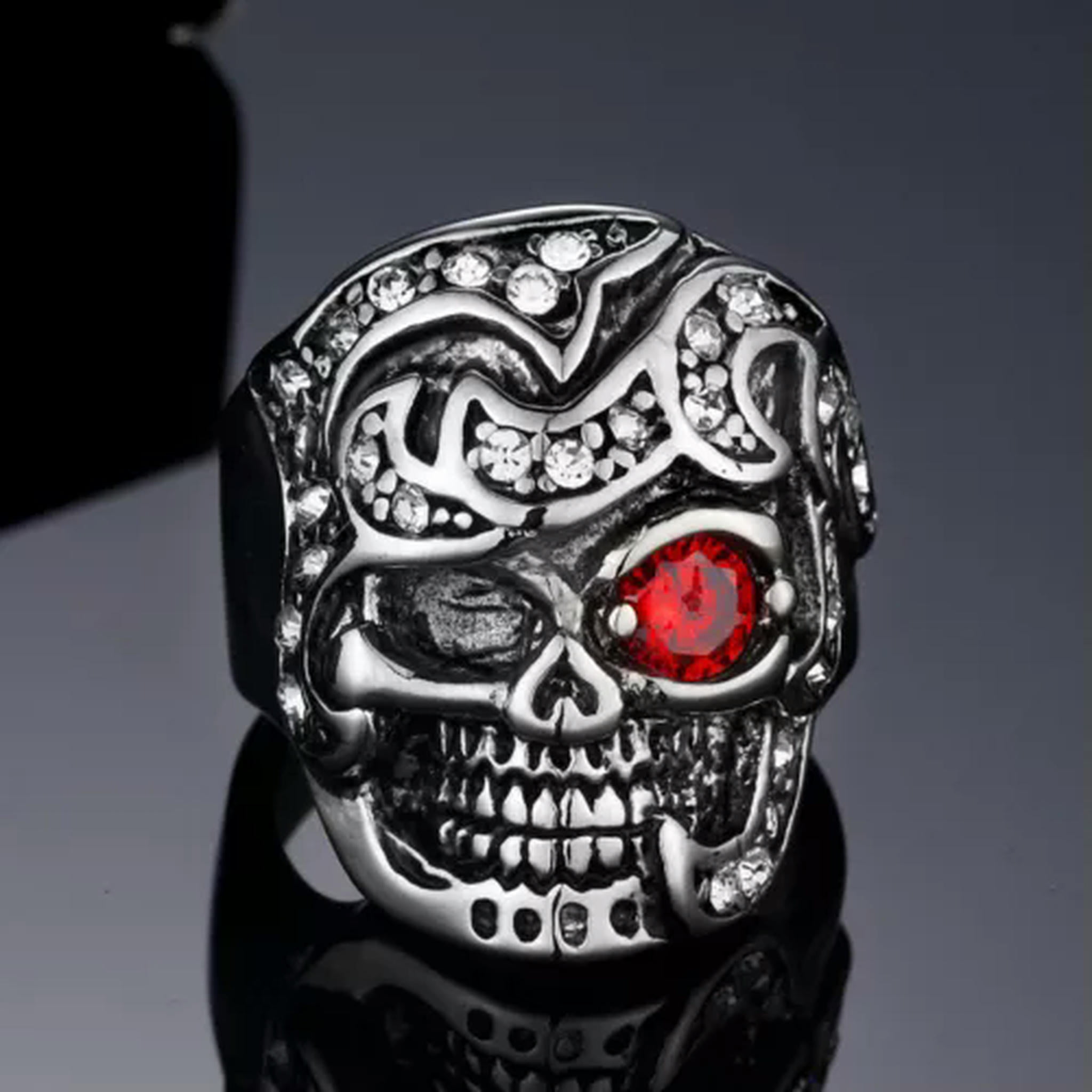K-KED Gothic CZ Skull Ring for Men Stainless Steel Red Eye Skull Head ...