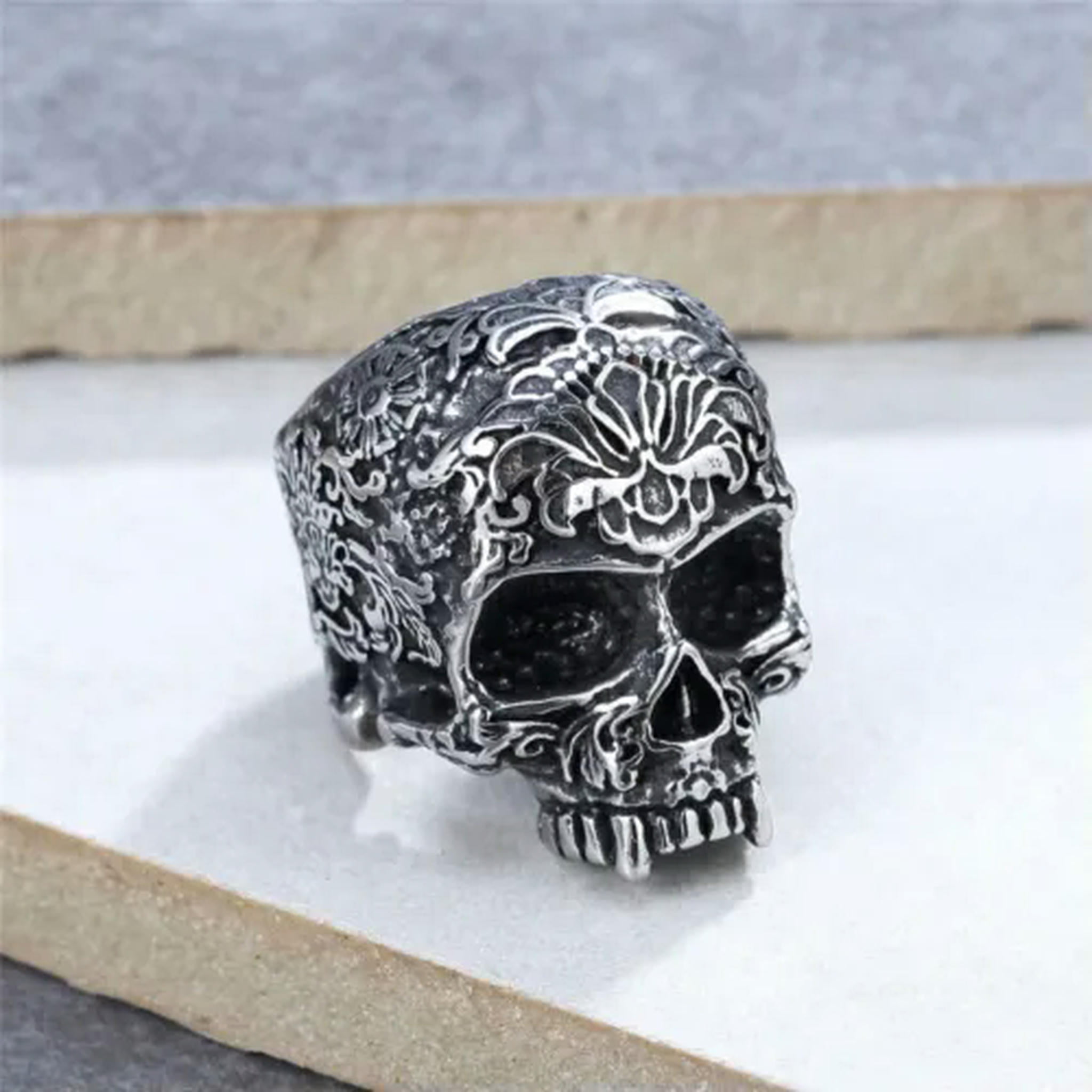 K-KED Gothic Tribal Flower Skull Head Ring Stainless Steel Men's Evil ...