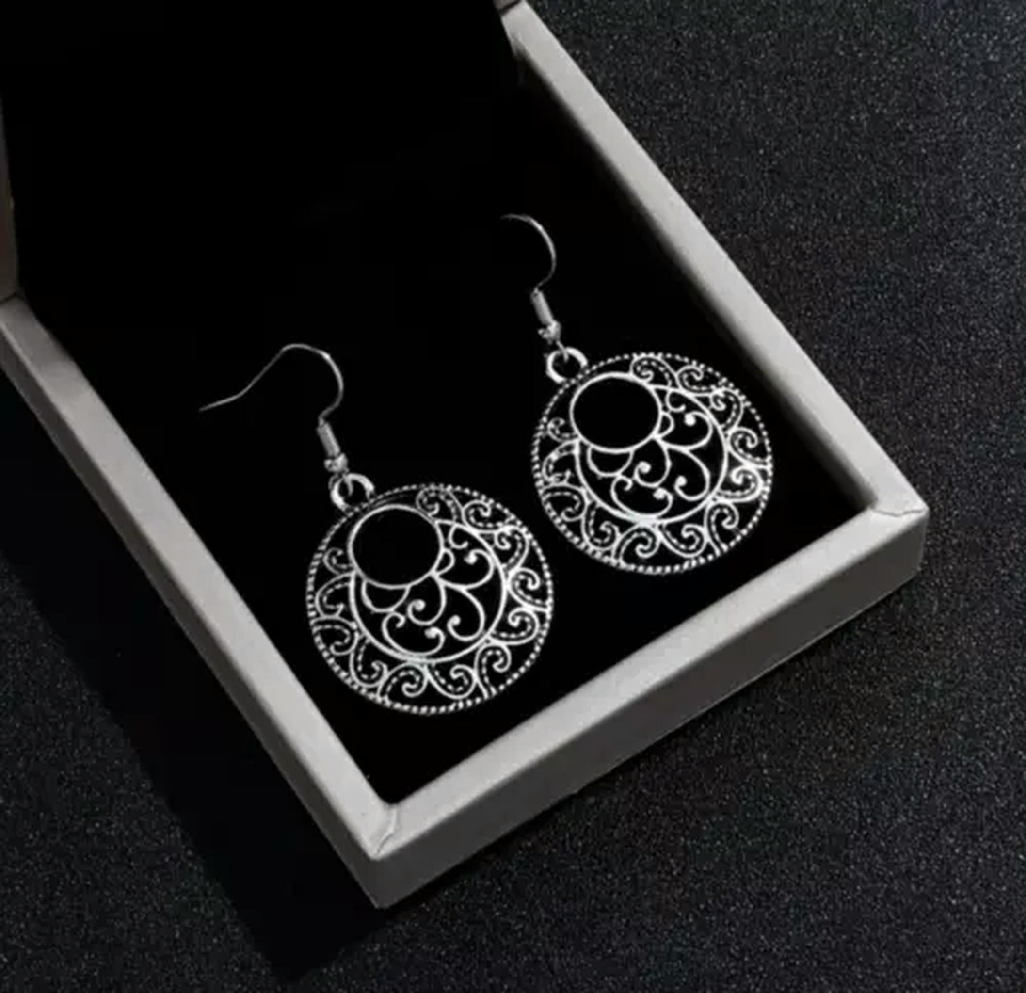 K-KED Hollow Flower Pattern Round Dangle Earrings Retro Boho Silver ...