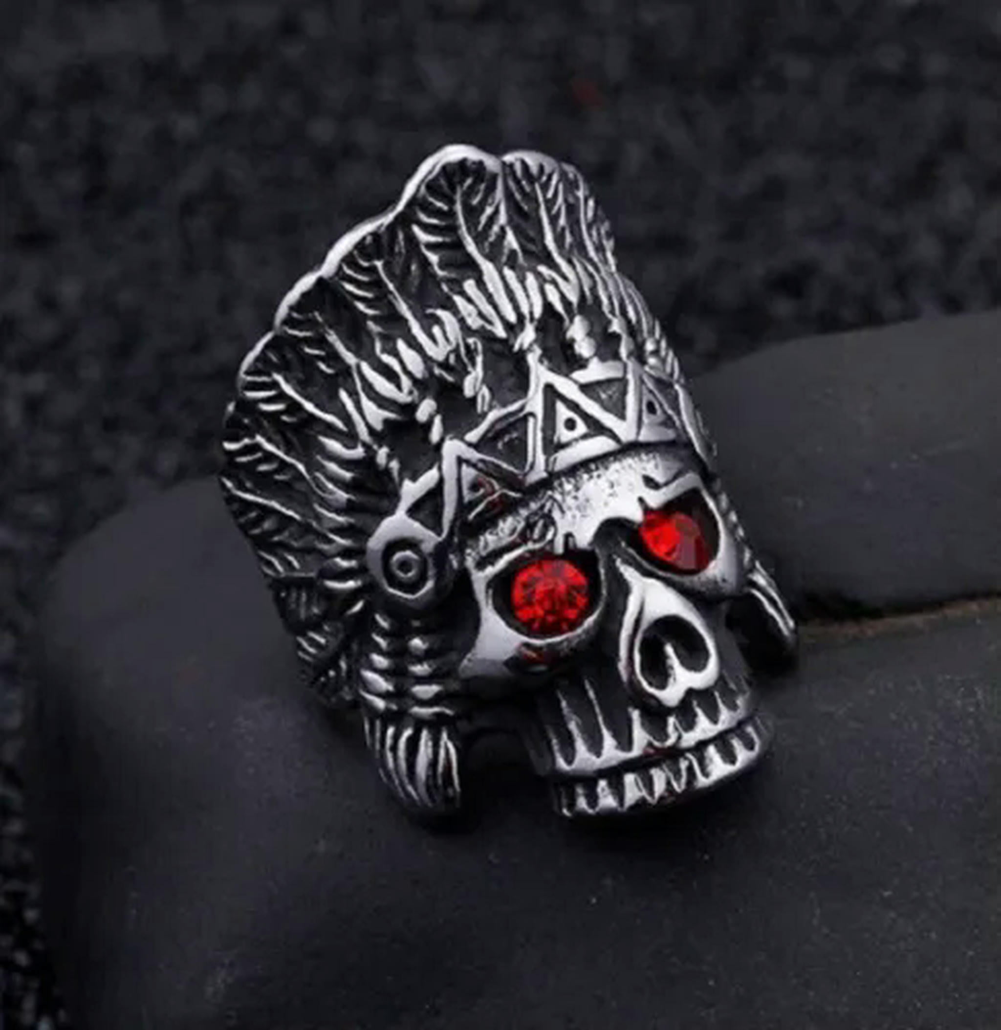 K-KED Indian Feather Skull Head Ring Stainless Steel Skeleton Lord ...