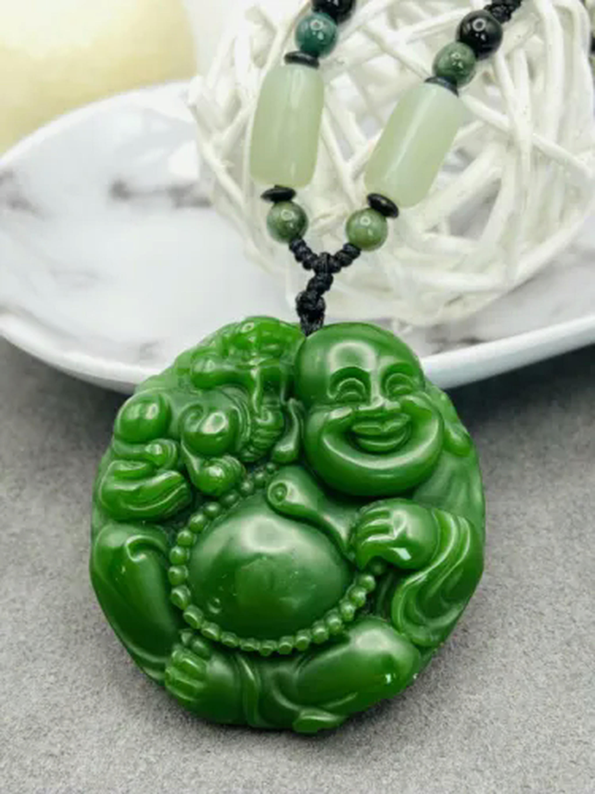 K-KED Jade Buddha Charm Pendant Necklace Beads Cord Chain Handmade Carved Gemstone-default ...
