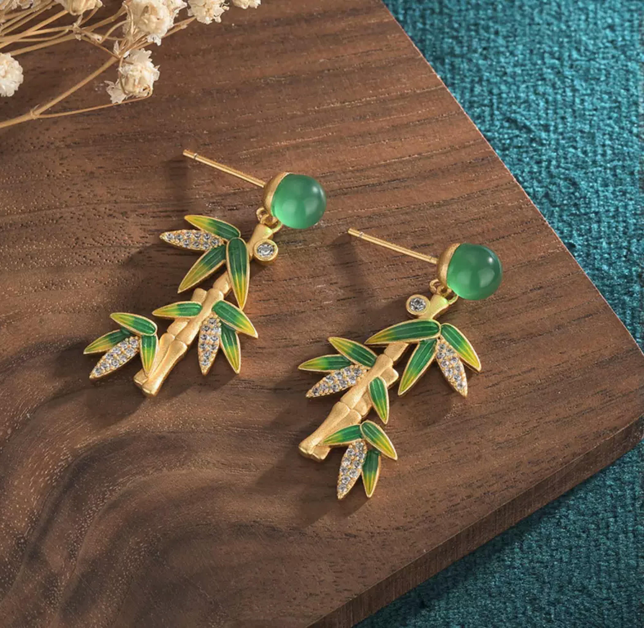 K-KED Jade Crystal Drop Earrings 18K Gold Plated Dangle Gemstone Bamboo Leaf Handmade - Walmart.com