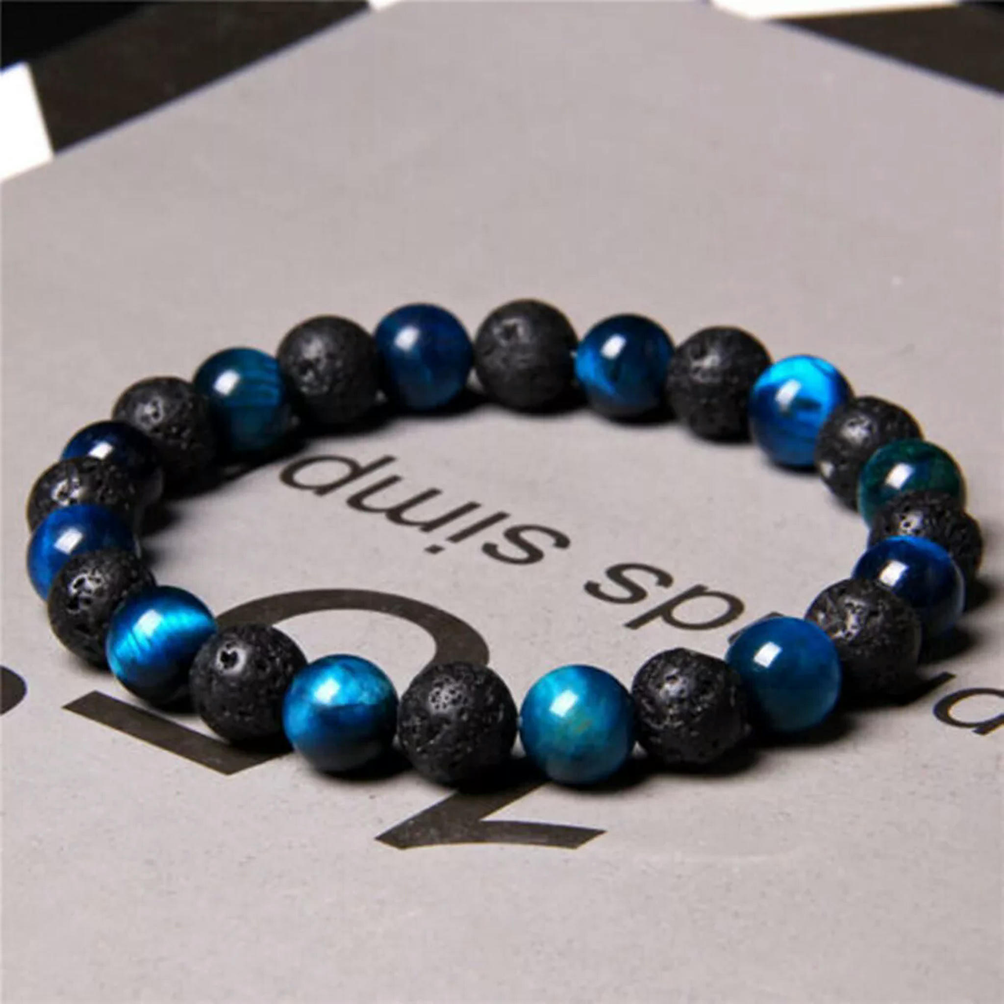 K-KED Men Volcanic Stone Lake Blue Tiger Eye Natural 8mm Beads Bracelet ...