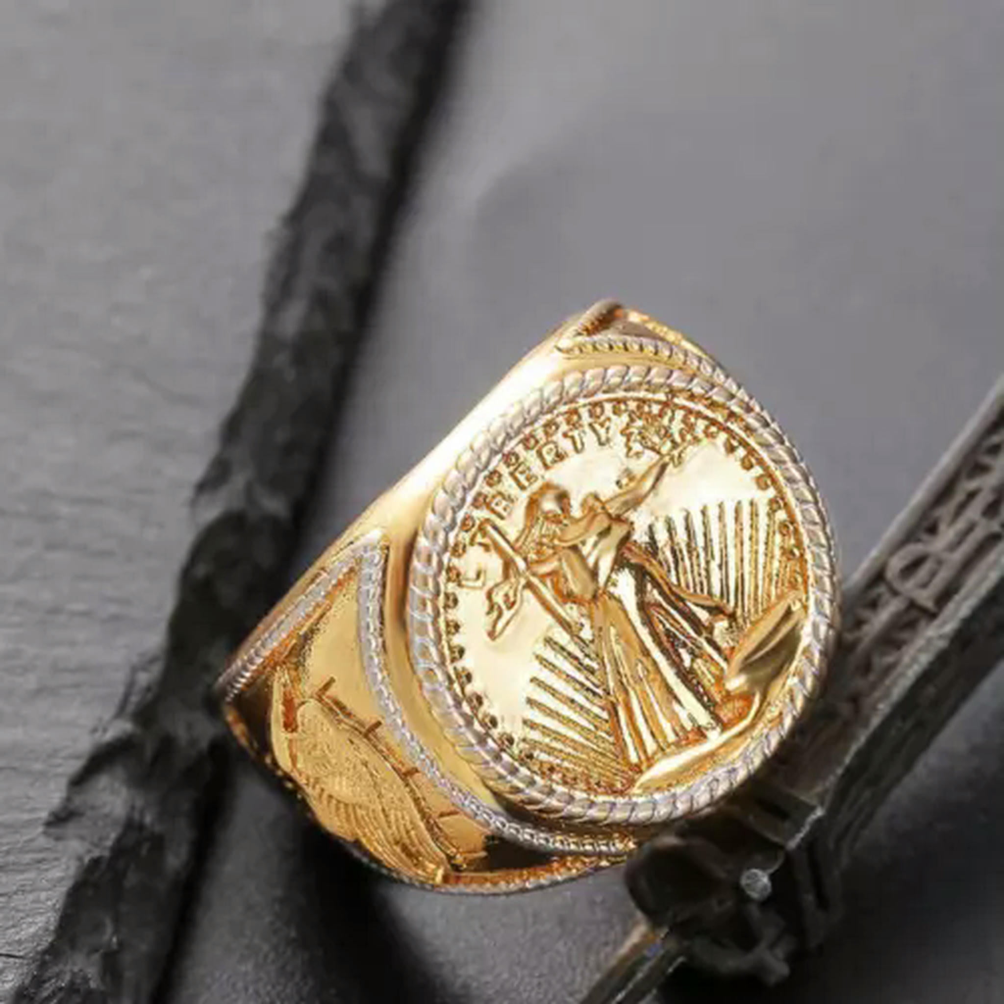 K-KED Men's Gold Honor Saint Gordon Double Eagle Gold Coin Ring for Men ...