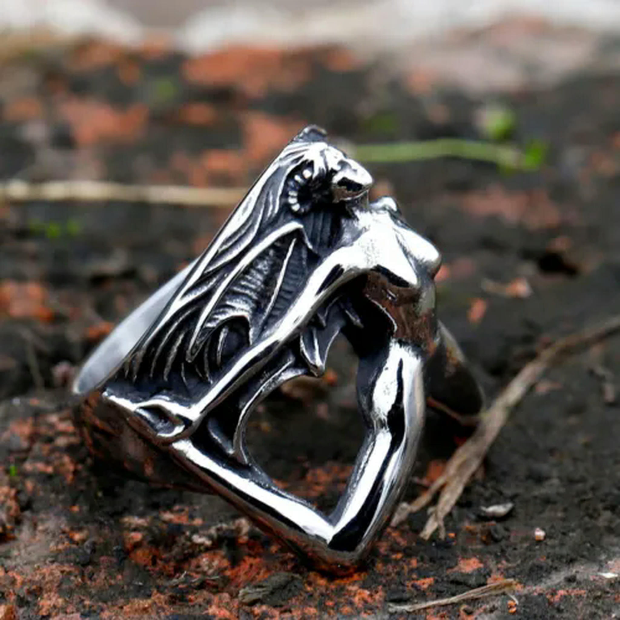 K-KED Men's Women's Demon Skull Ring Gothic Wing Stainless Steel Naked ...