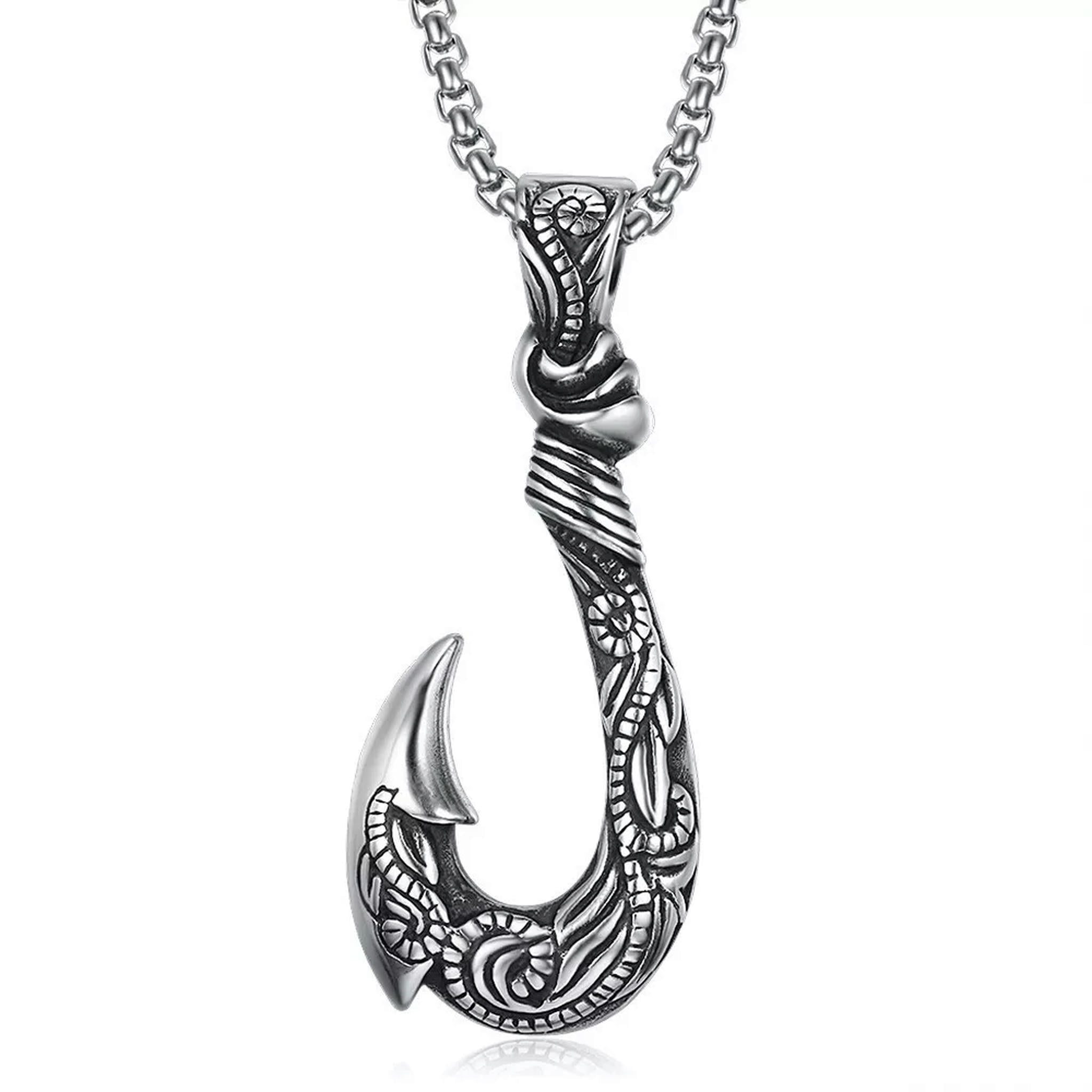 K-KED Mens Stainless Steel Large 3D Hawaiian Fish Hook Pendant Necklace ...