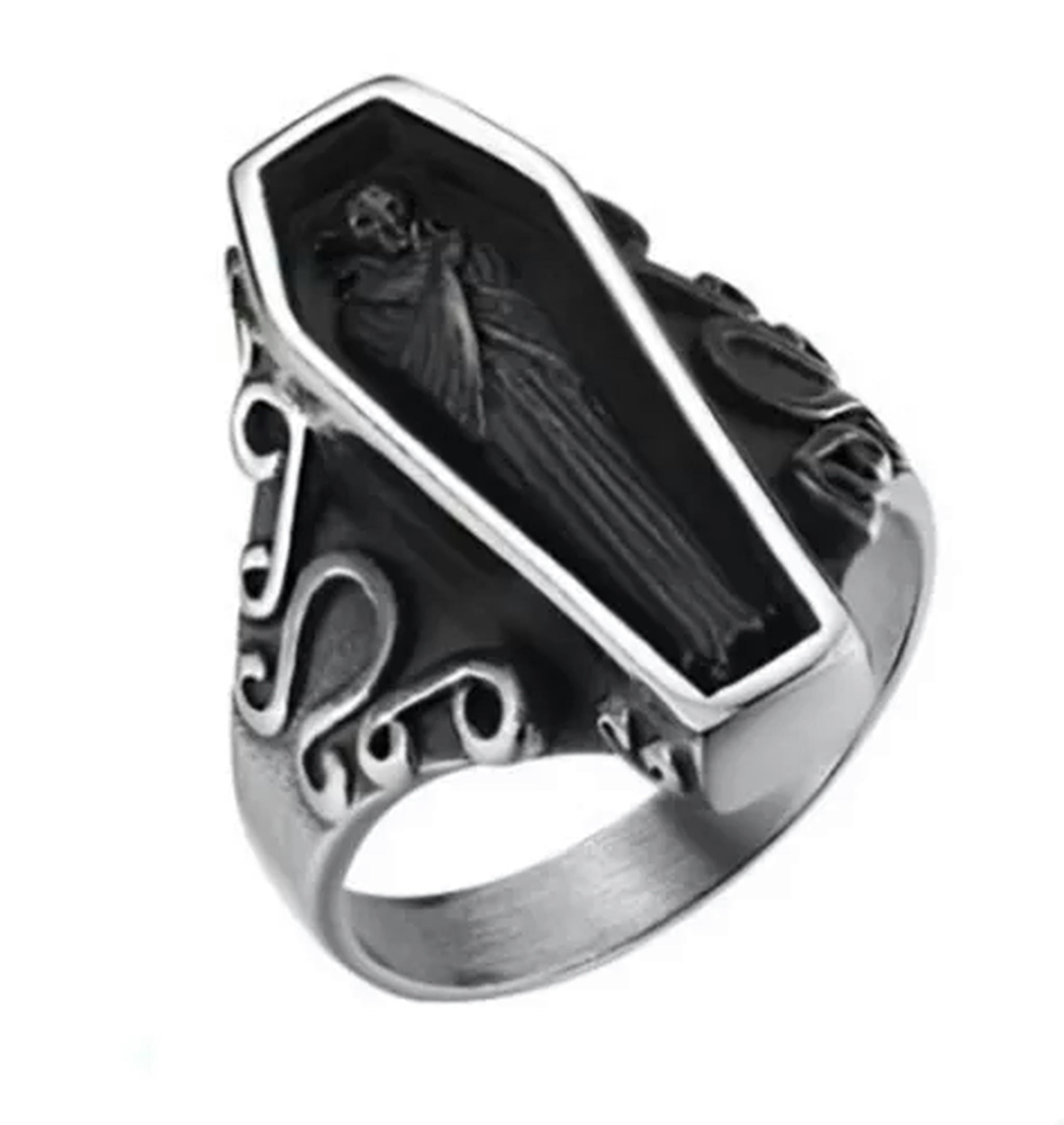 K-KED Mens Stainless Steel Punk Coffin Rings Gothic Zombie Vampire ...