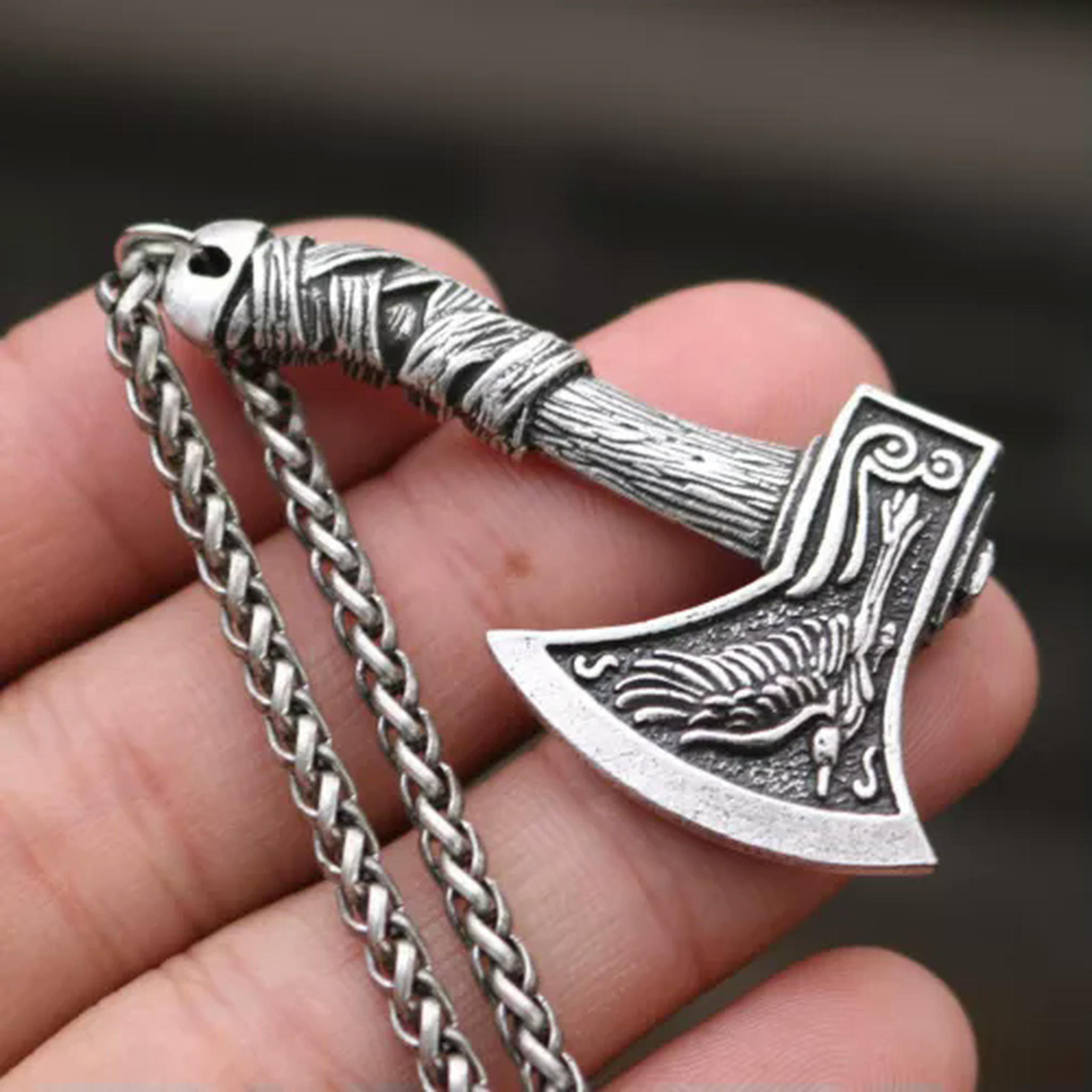 K-KED Mens Vintage Norse Viking Animal Raven Axe Wolf Pendant Necklace ...