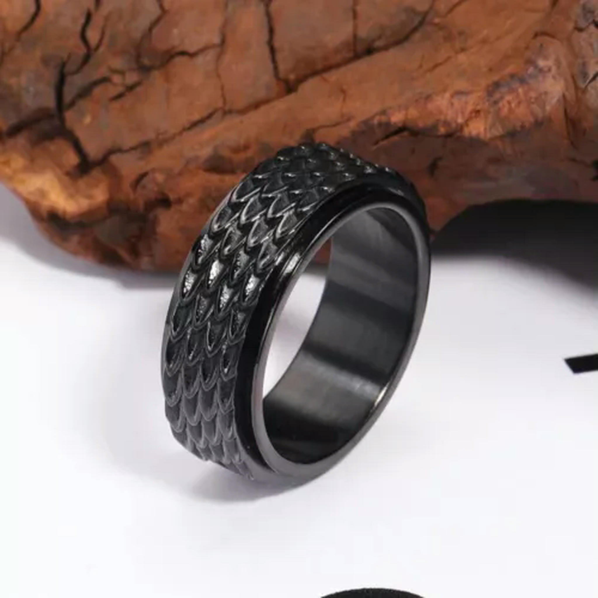 K-KED Minimalist Vintage Dragon Scale Rotatable Stainless Steel Food Rings Size 7-13-13-Black ...