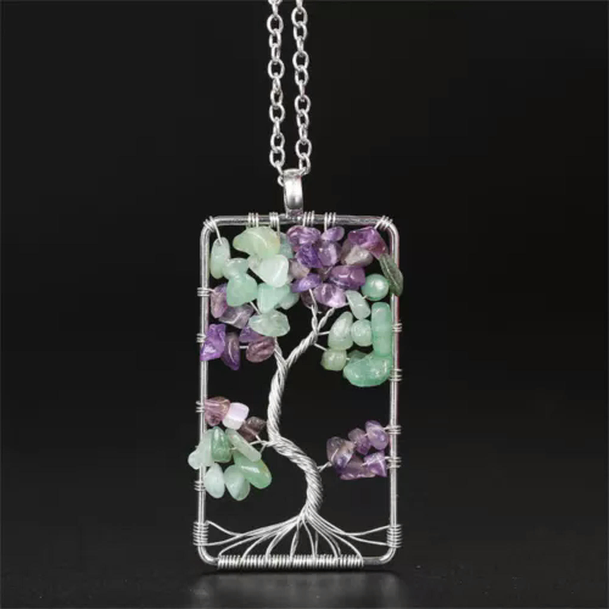 K-KED Natural Amethyst Jade Square Tree of Life Lucky Pendant Reiki ...
