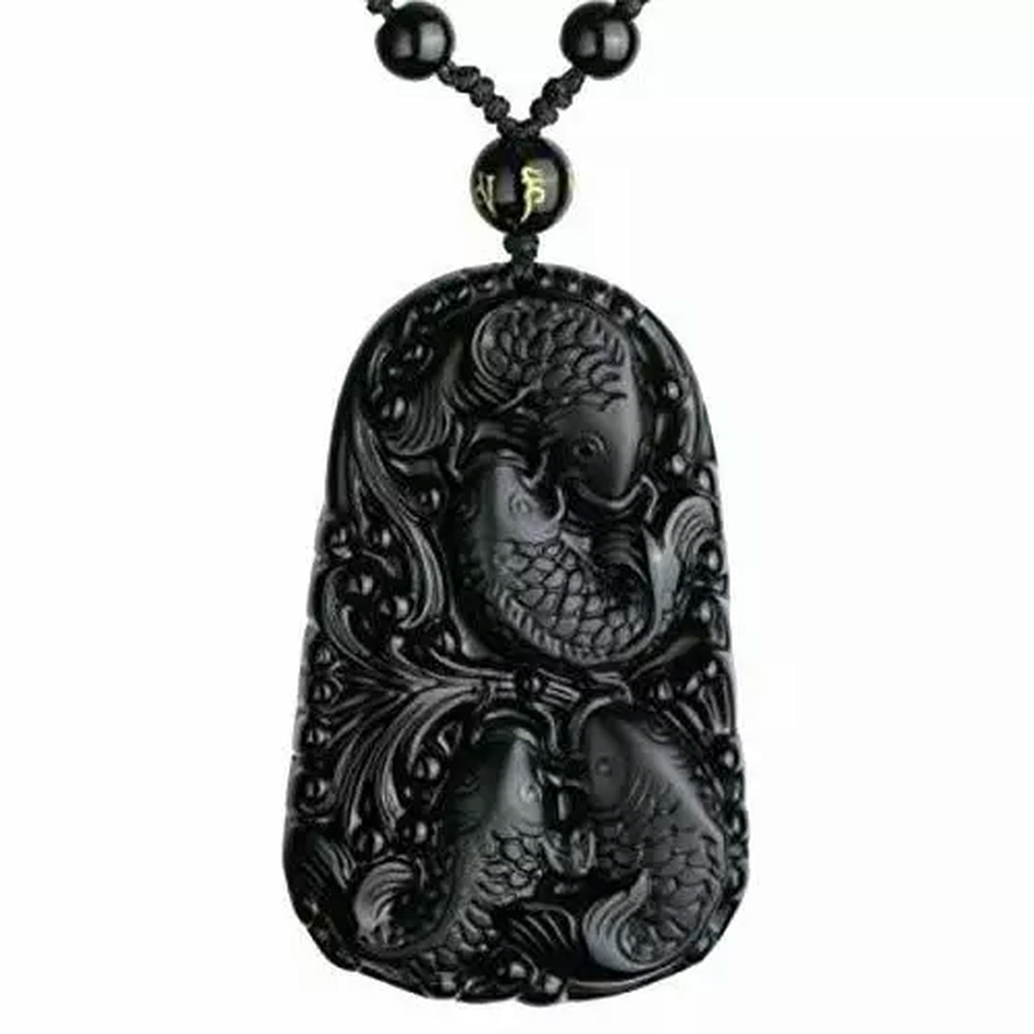 K-KED Natural Black Obsidian Crystal Fish Koi Necklace Amulet Pendant ...