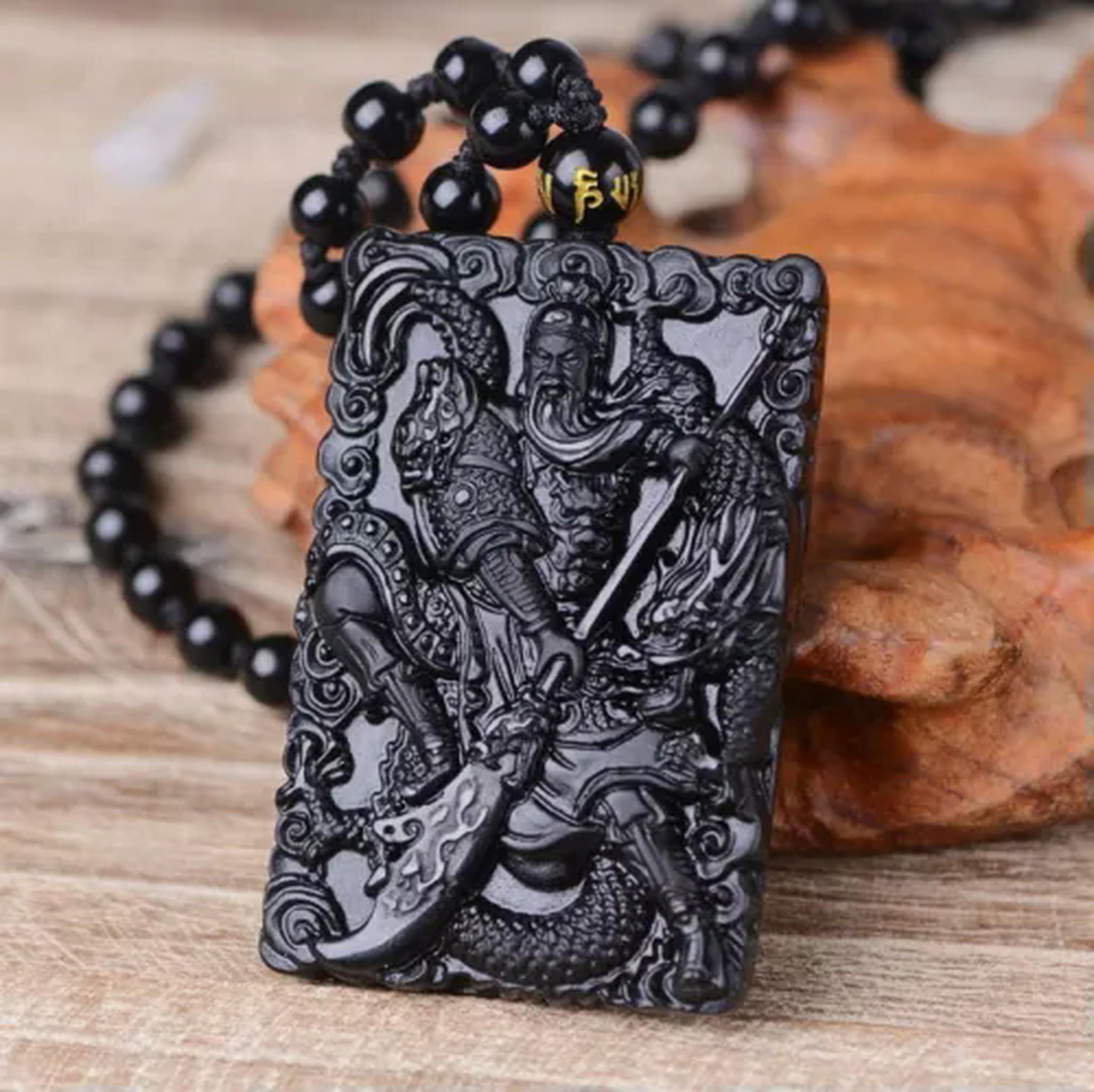 K-KED Natural Black Obsidian Guan Gong Guan Yu Dragon Necklace Hold ...