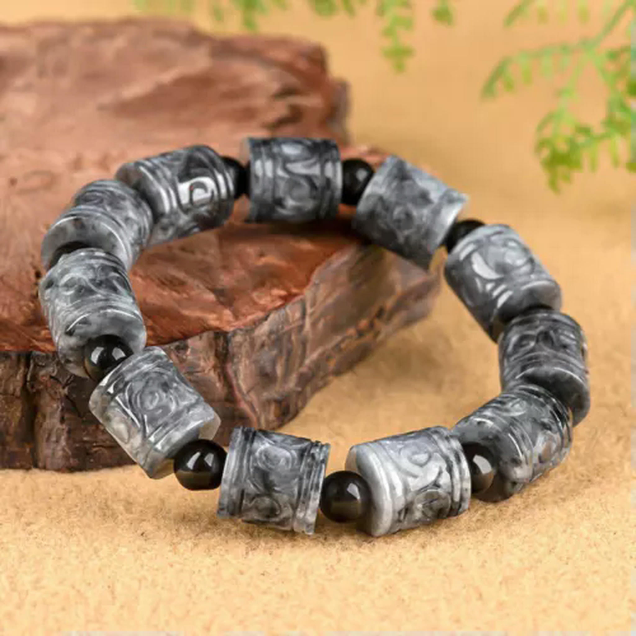 K-KED Natural Grade A Jade Jadeite Black Lucky Carved Pattern Column ...