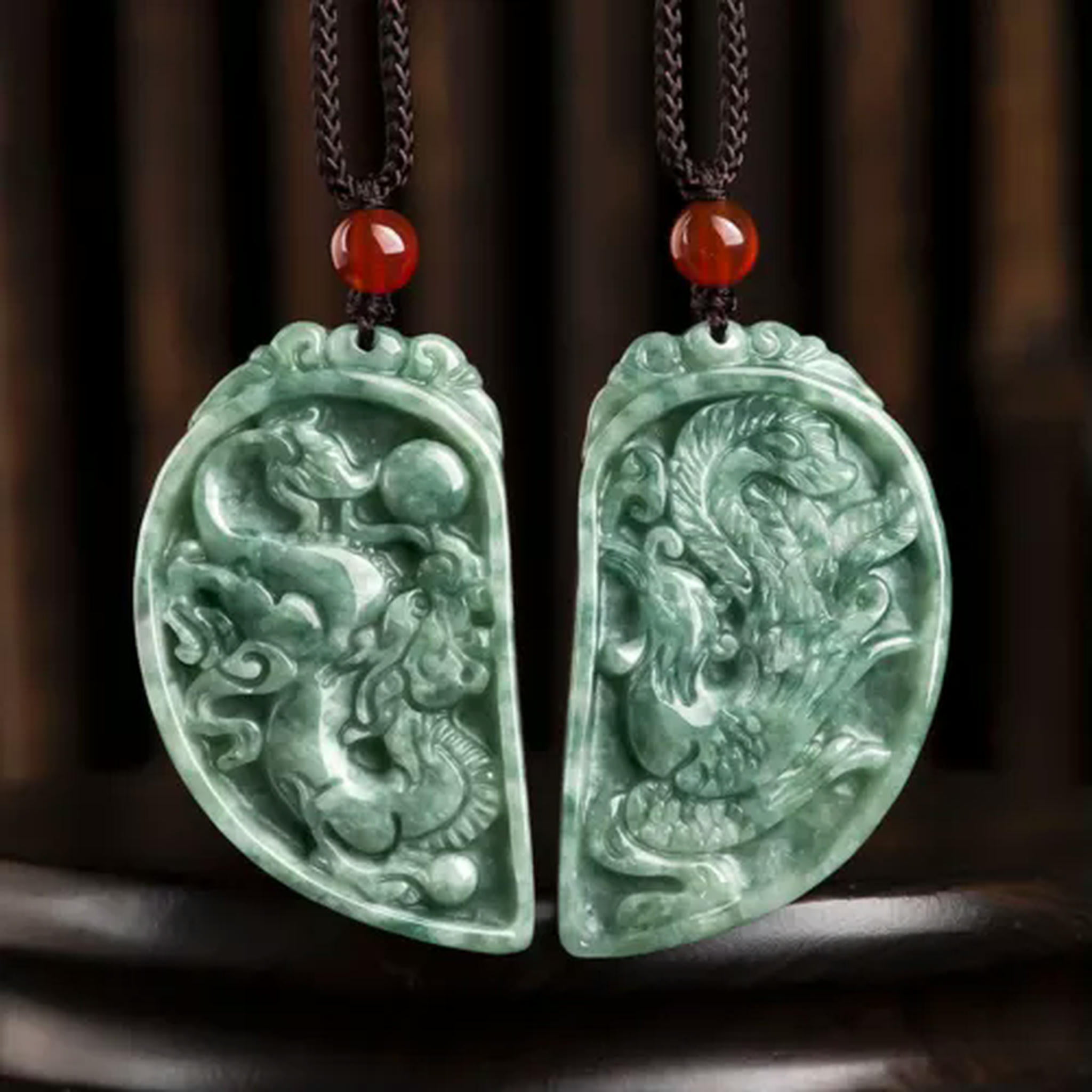 K-KED Natural Grade A Jade Jadeite Couple Green Dragon Phoenix Half ...