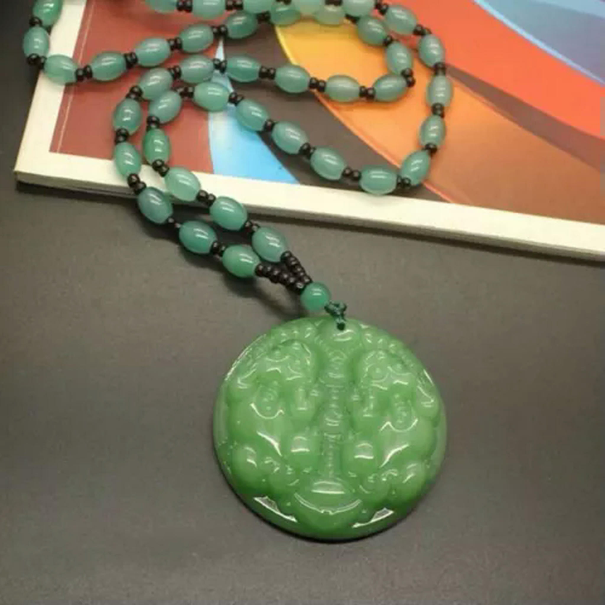 K-KED Natural Green Jade Necklace Pendant Hand-Carved Lucky Amulet ...