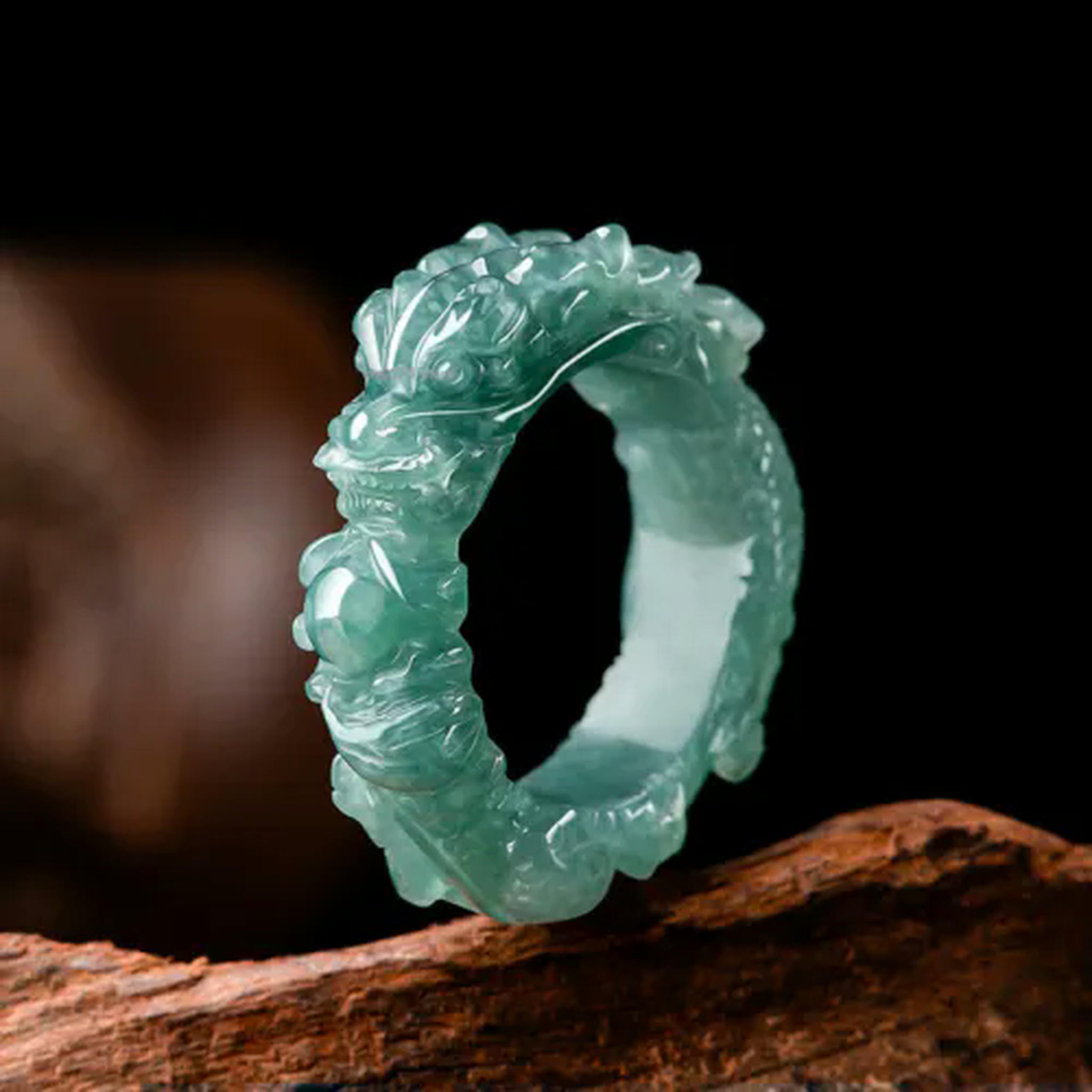 K-KED Natural Jadeite Ring For Women Men A Grade Blue Water Dragon Band ...