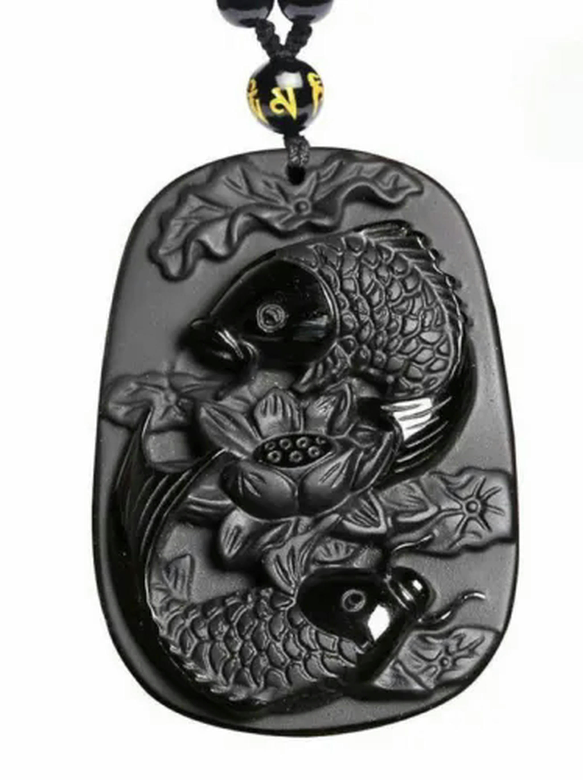 K-KED Natural Obsidian Pisces lotus fish koi necklace Amulet pendant ...