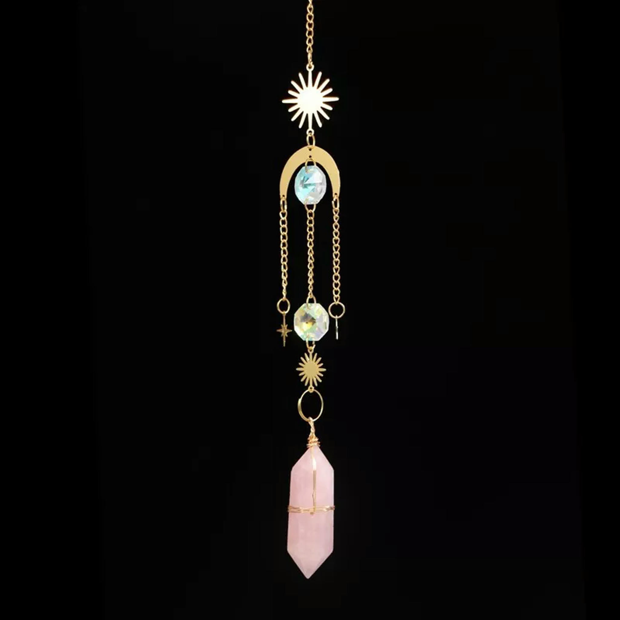 K-KED Natural Pink Rose Quartz Crystal Wind Chime Pendulum Point Wand ...