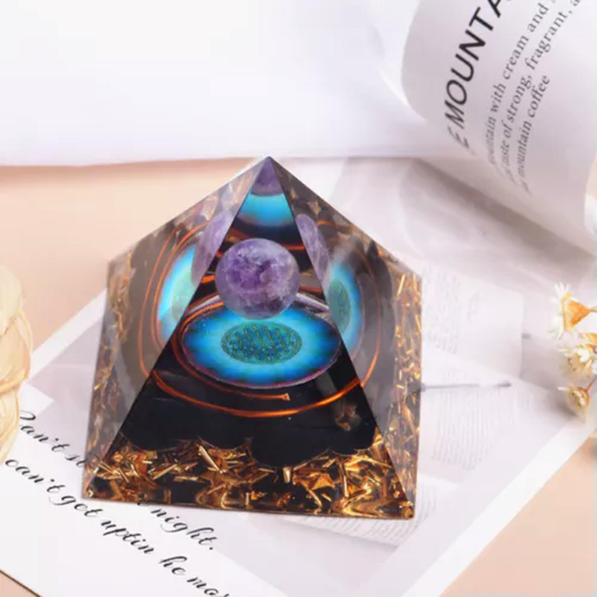 K-KED Natural Rose Crystal 3D Pyramid Amethyst Orgonite Epoxy Healing Stone Tower Gift-Amethyst ...