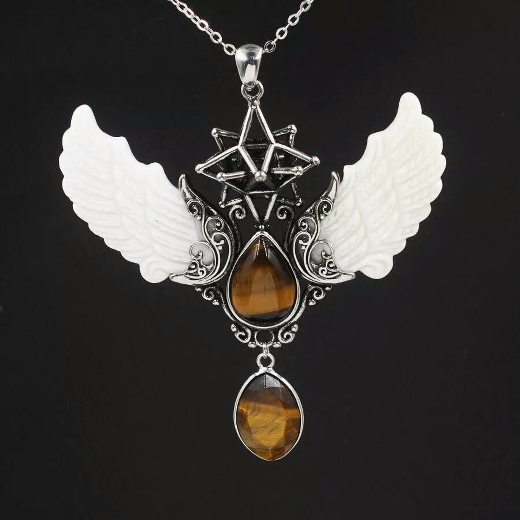 K-KED Natural Tigers Eye Stone White Shell Angel Wings Pendant Prism ...