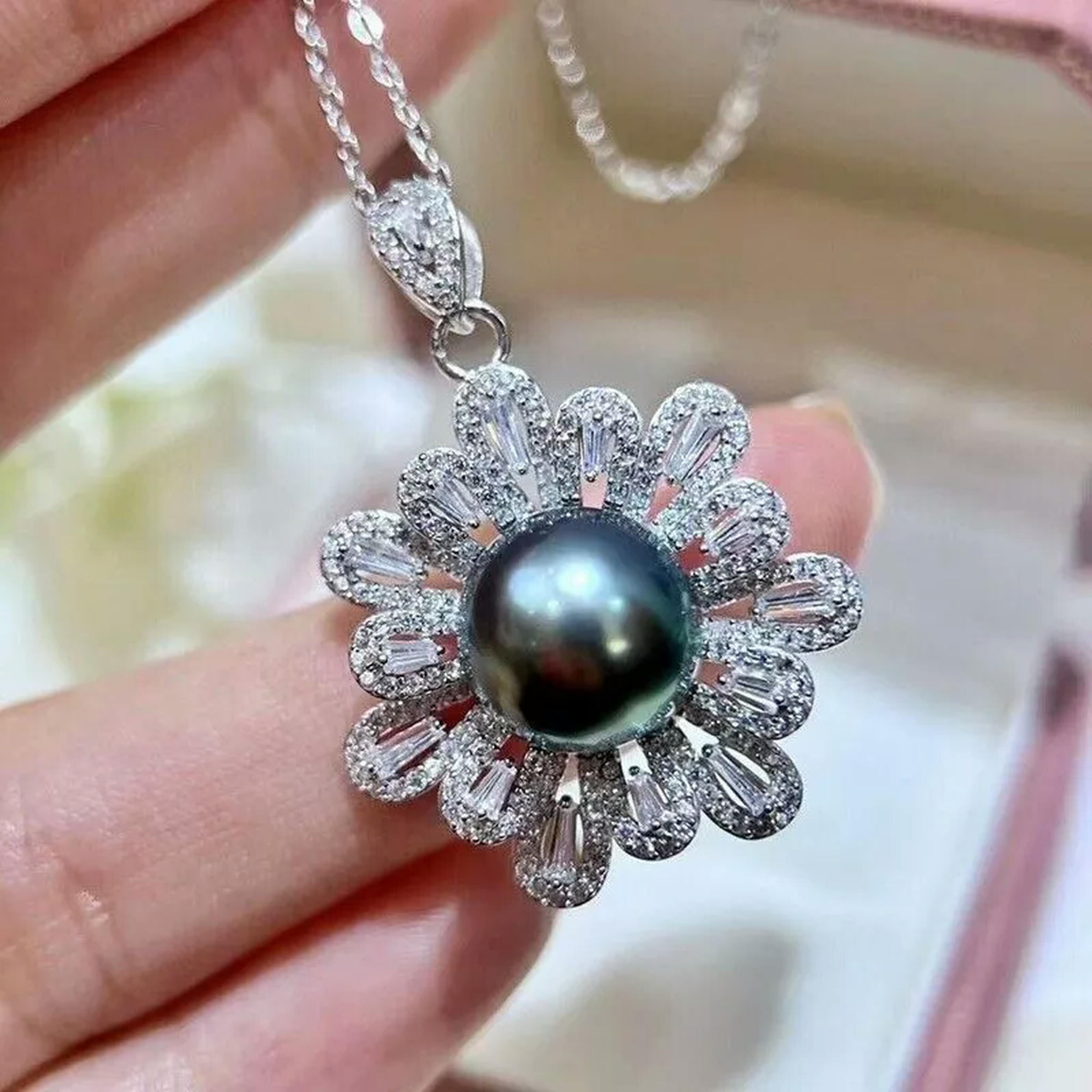 K-KED Pretty Design AAA 10-9mm Tahitian Black Round Pearl Pendant ...