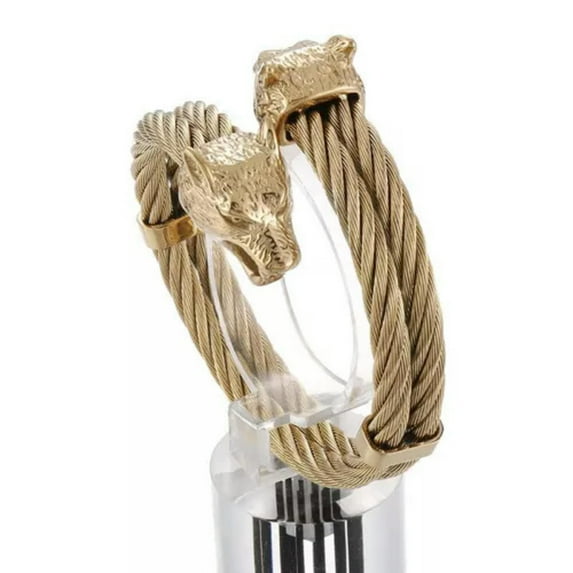 K-KED Punk Vintage Wolf Head Open Elastic Stainless Steel Weiya Wire Bracelets Bangle-Gold ...