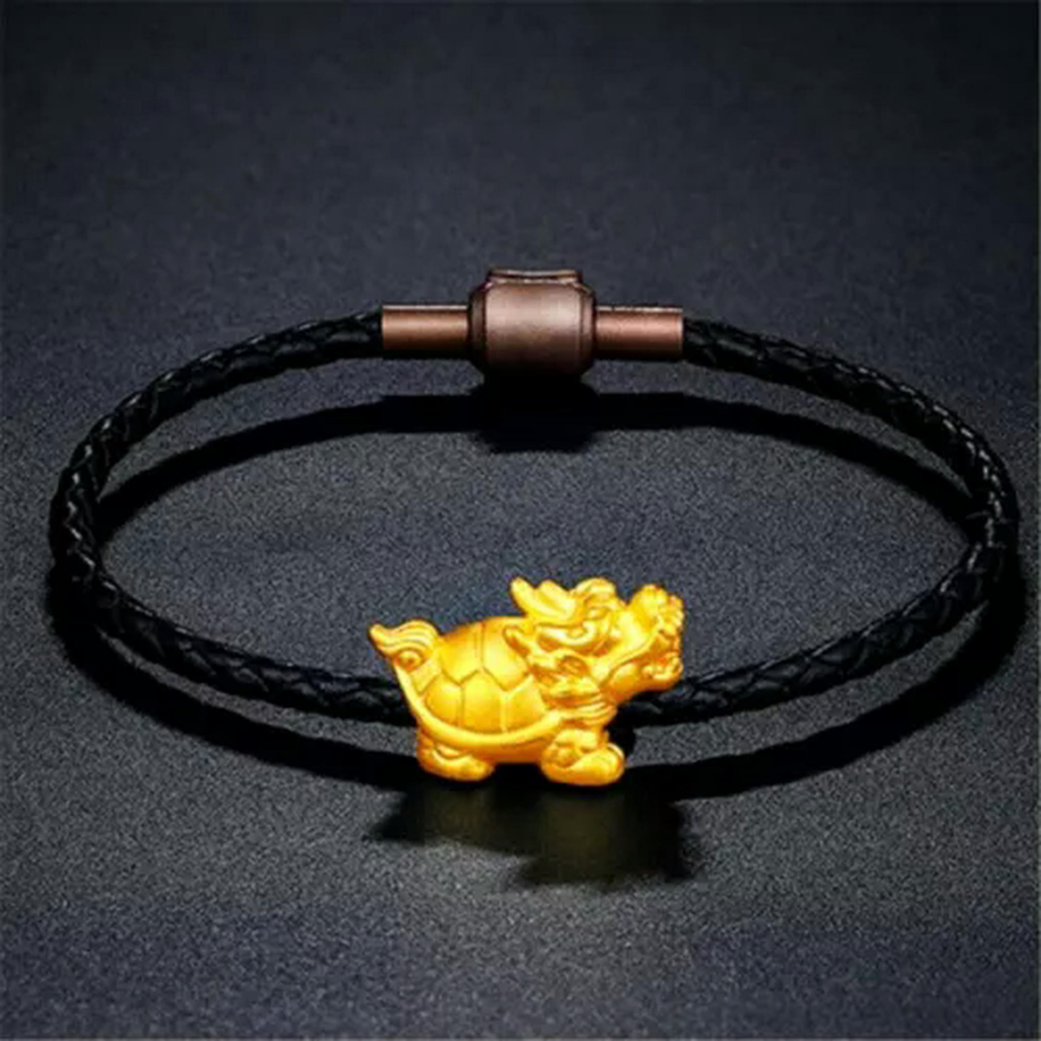 K-KED Pure 24K Yellow Gold Bracelet 3D Hard Gold Dragon Turtle Black ...