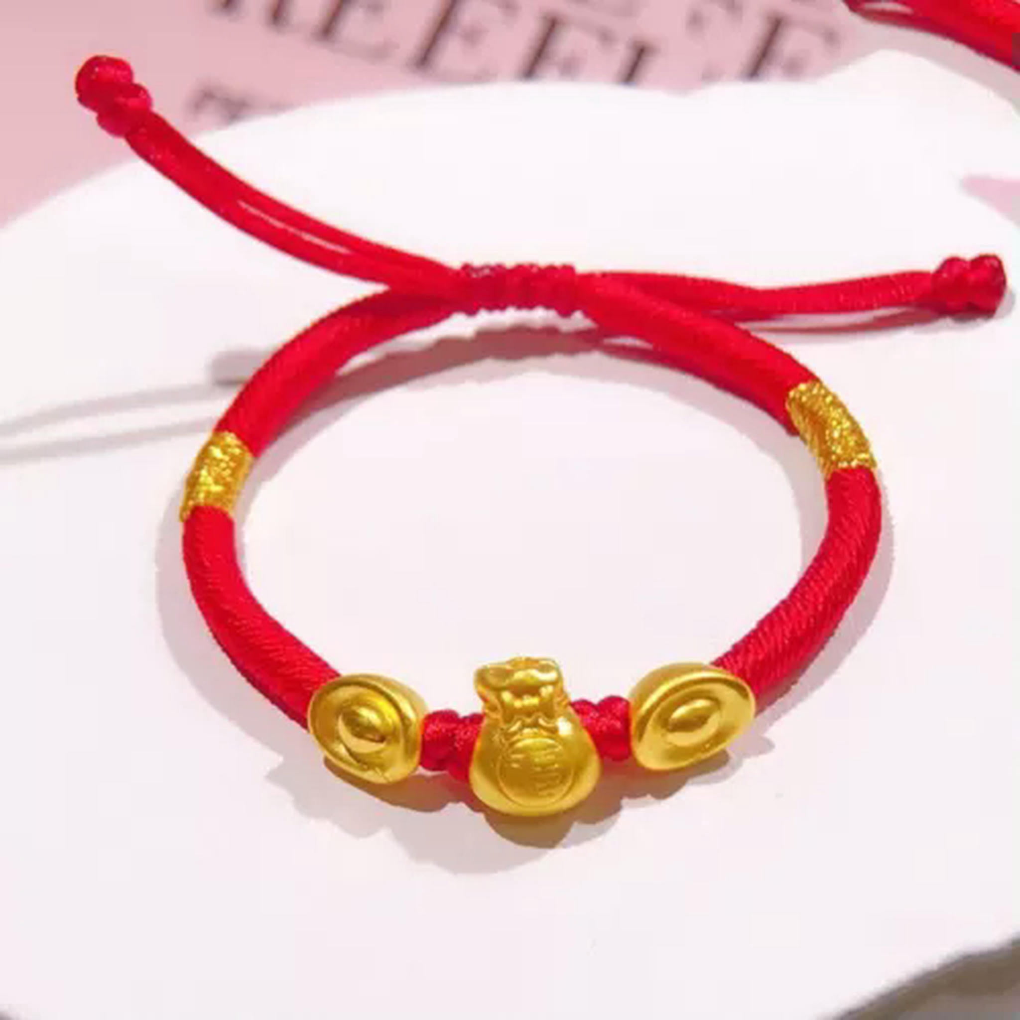 K-KED Real 24K Yellow Gold Bracelet 3D Money Bag Ingots Red String ...