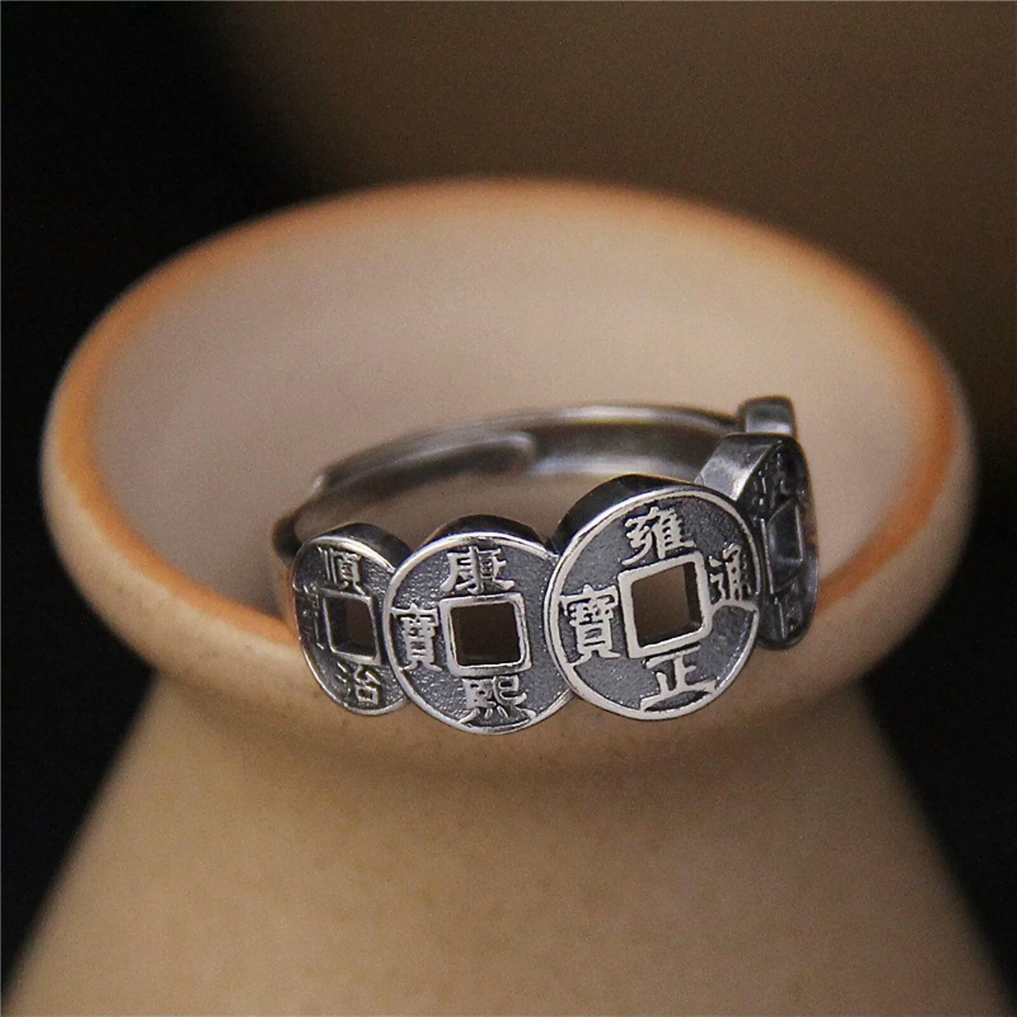 K-KED Real S925 Sterling Silver Band Men Women Lucky Five Emperors Coin ...