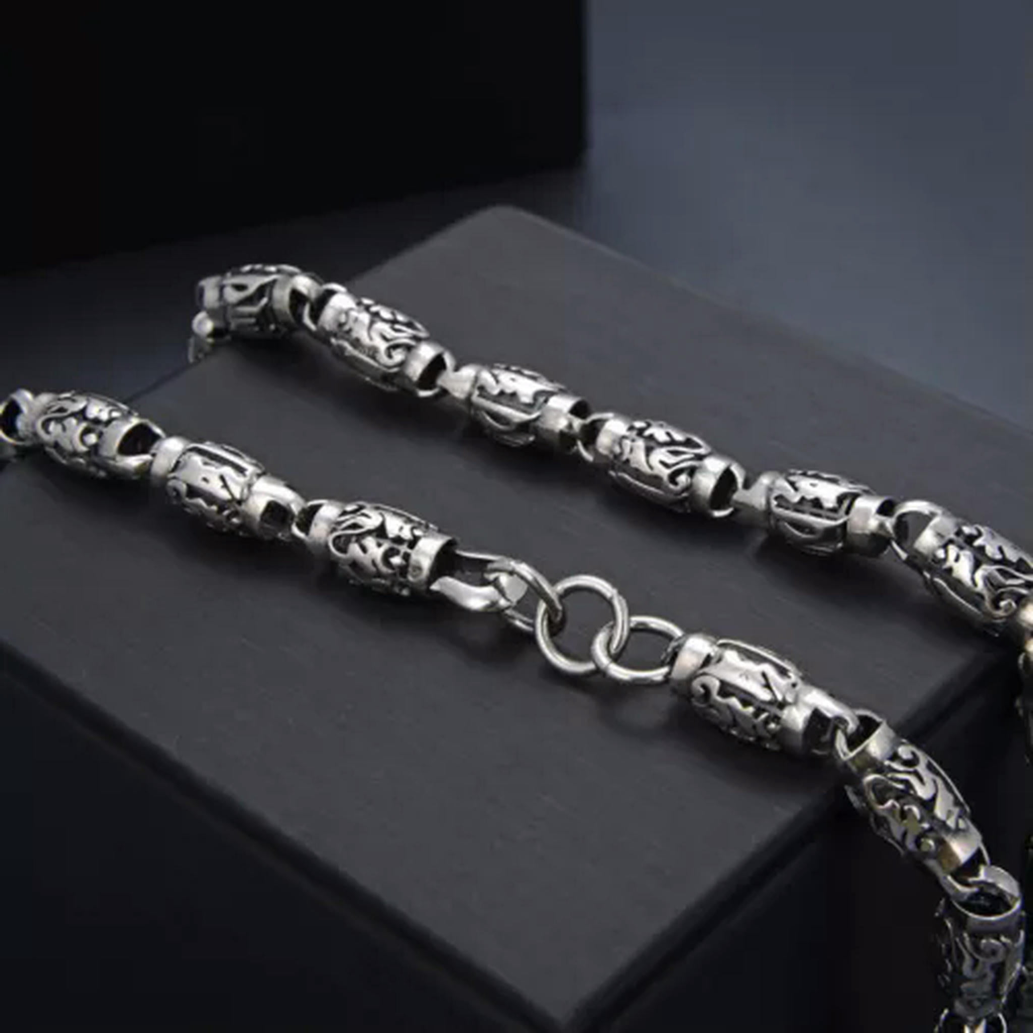 K-KED Real S925 Sterling Silver Chain Men 8mm Six Word Oval Beaded Link ...