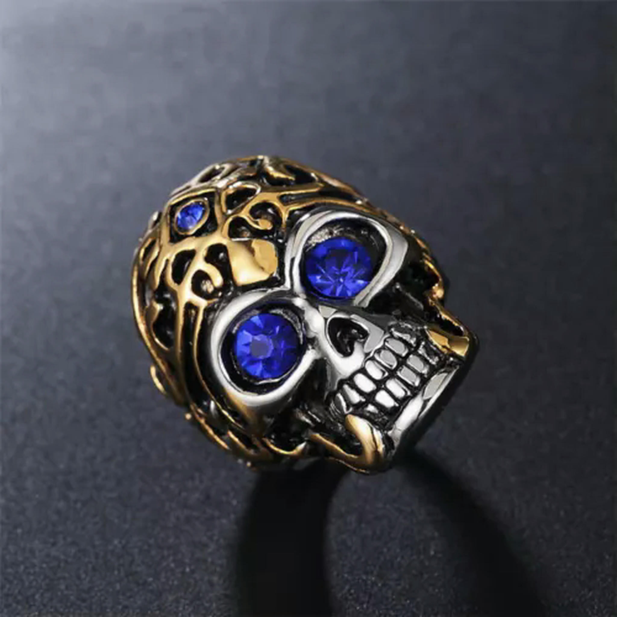 K-KED Red/Blue CZ Eye Evil Skull Gothic Ring Stainless Steel Men's ...