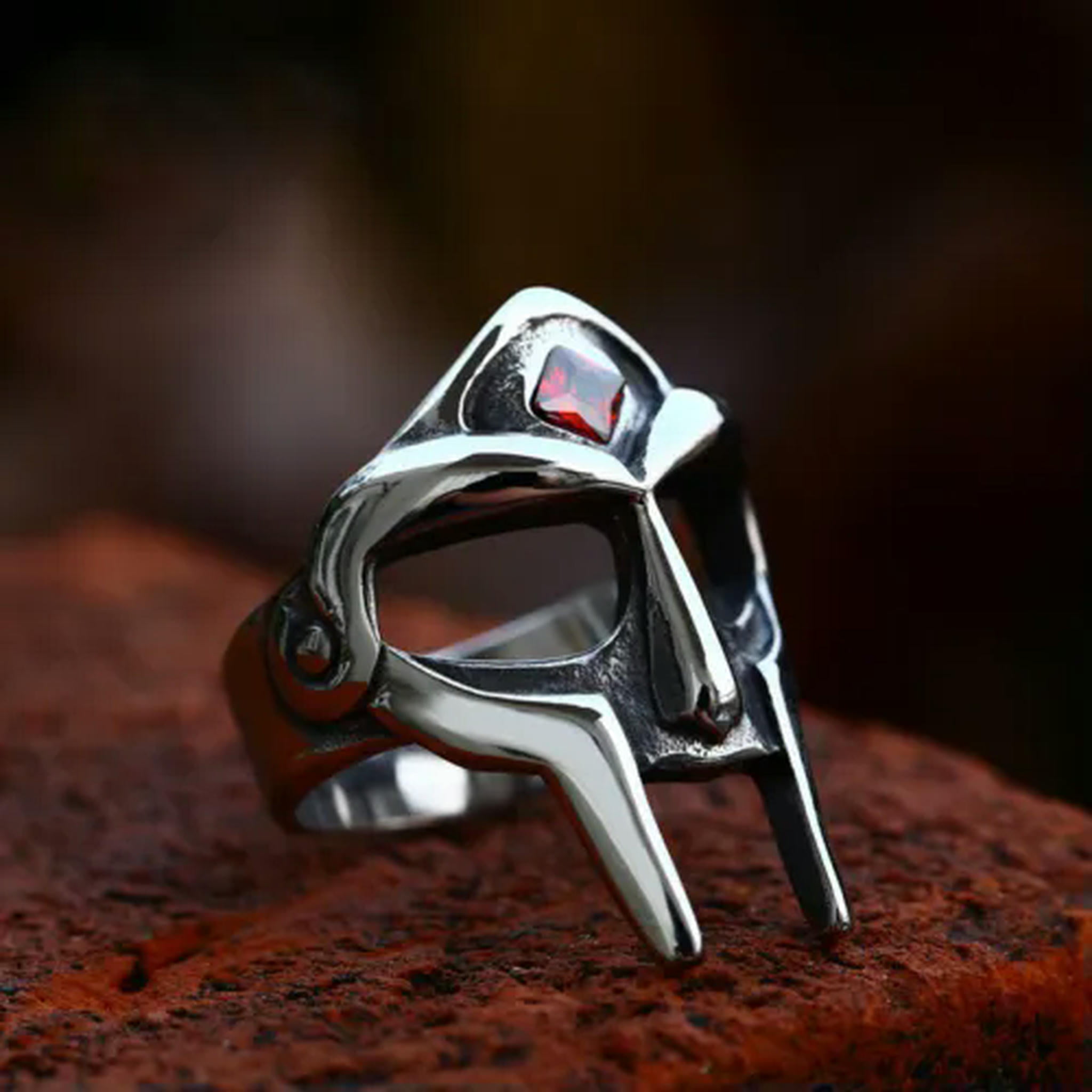 K-KED Red CZ Inlay Spartan Helmet Ring Stainless Steel Vintage Mask Men ...