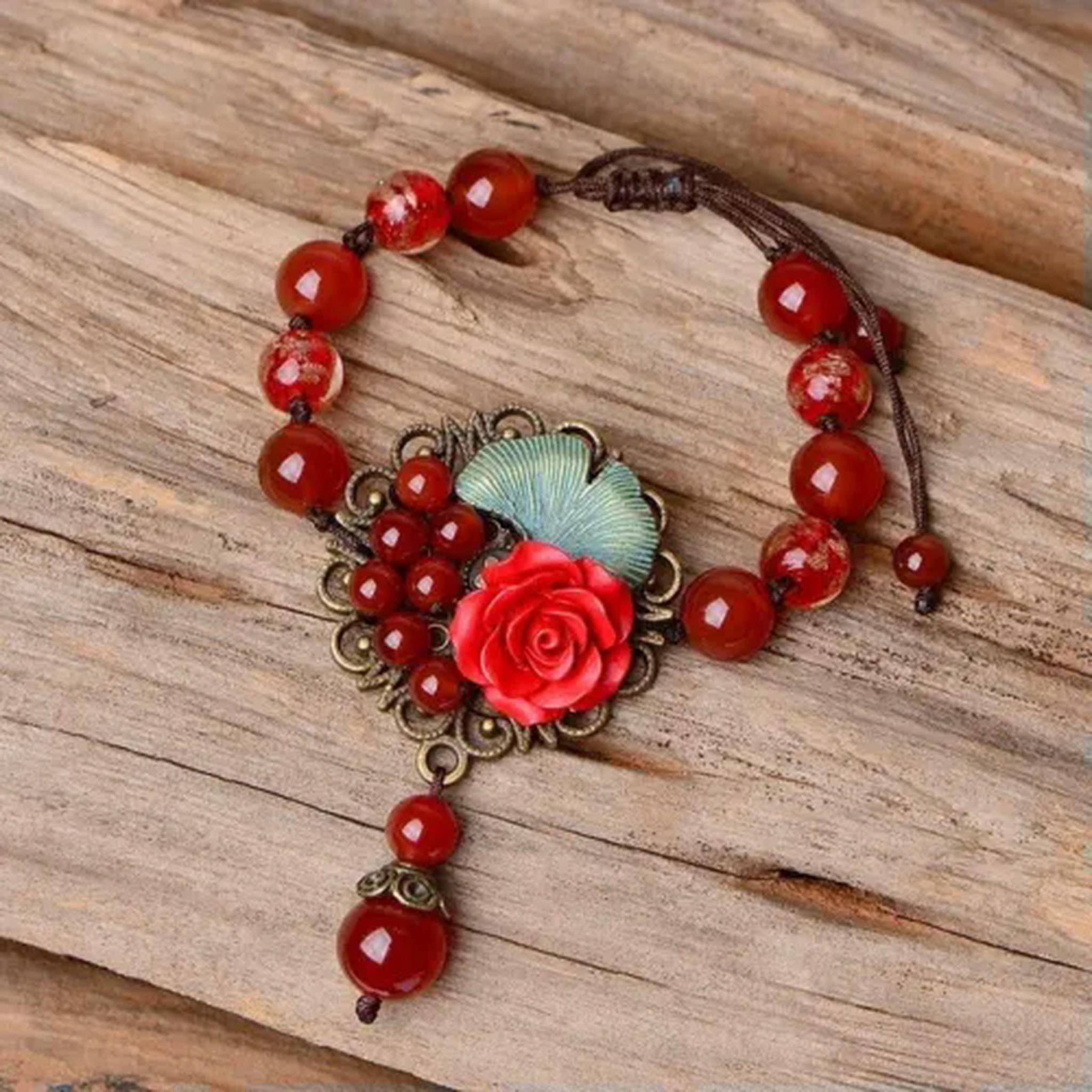 K-KED Red Jade Flower Bracelets Natural Chalcedony Chinese 925 Silver ...