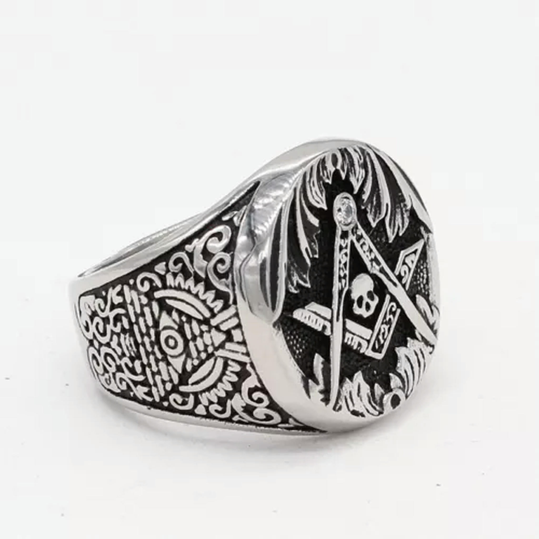 K-KED Retro CZ Inlay Masonic Skull Ring Stainless Steel Pyramid God Eye Masonic Ring-9-Silver ...