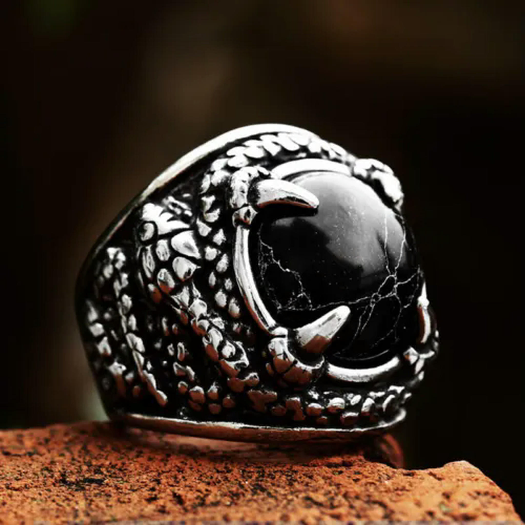 K-KED Round Black Turquoise Dragon Claws Winding Snake Ring Stainless ...
