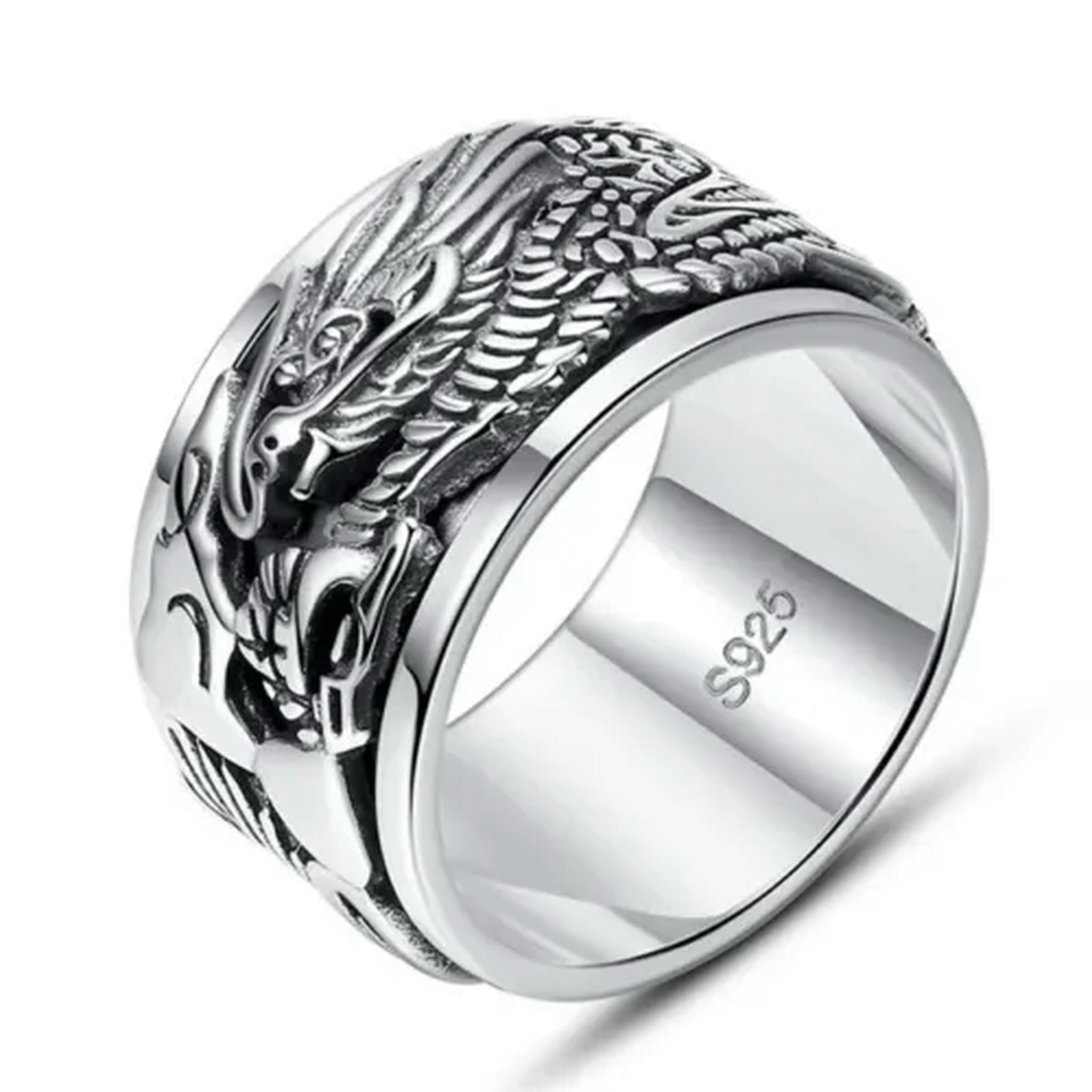 K-KED S925 Silver Rui Dragon Pattern Rotated Wide Face Dominant Index Finger Rings-8 - Walmart.com