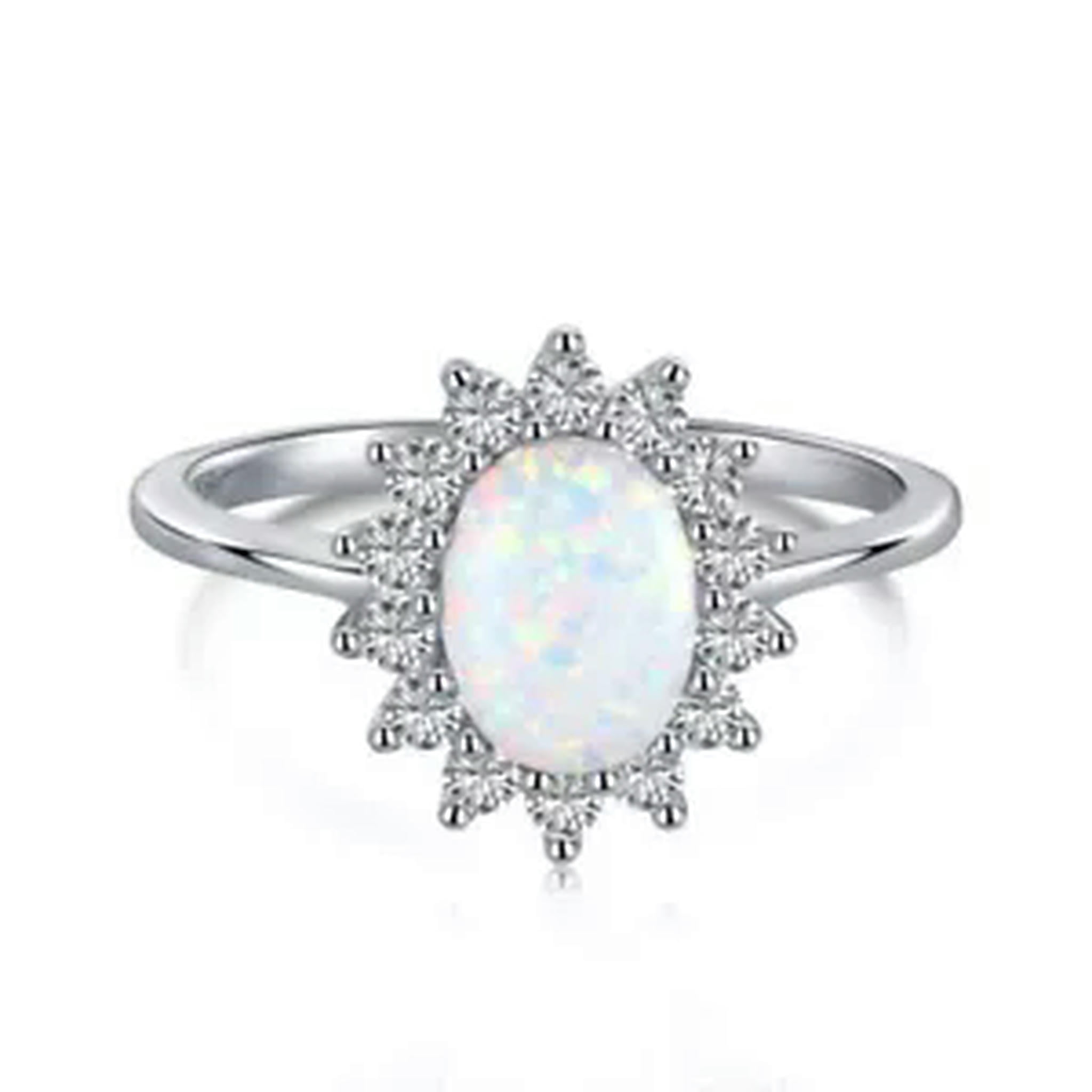 K-KED S925 Solid Sterling Silver Oval Shape Lab Opal Ring Zirconia Sapphire Halo Rings-White-US ...