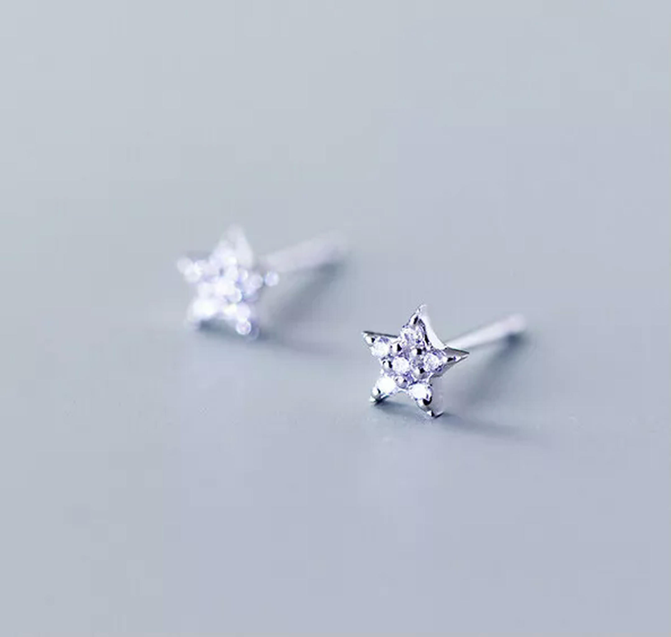 K-KED Shiny Solid 925 Sterling Silver Cute Small Tiny CZ Star Plain ...