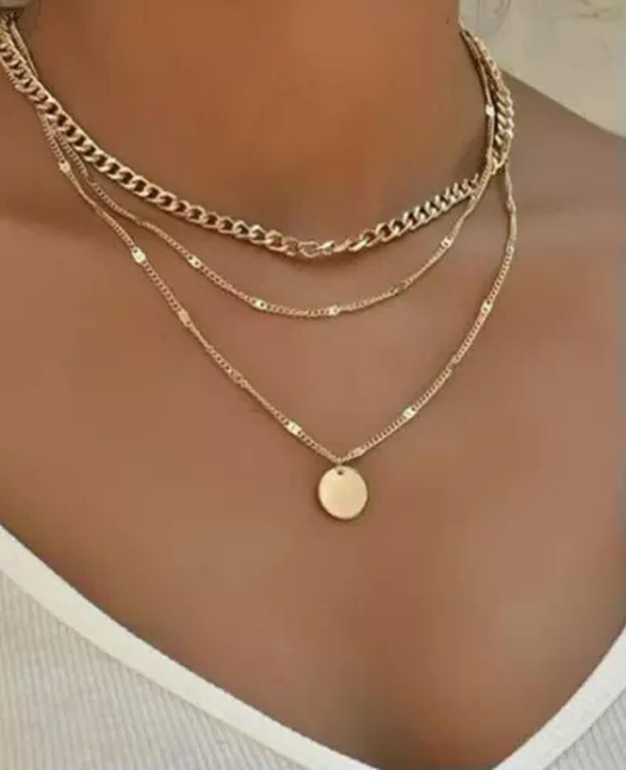 K-KED Triple Layer Chain Circle Pendant Necklace Layered Strand Buy One ...