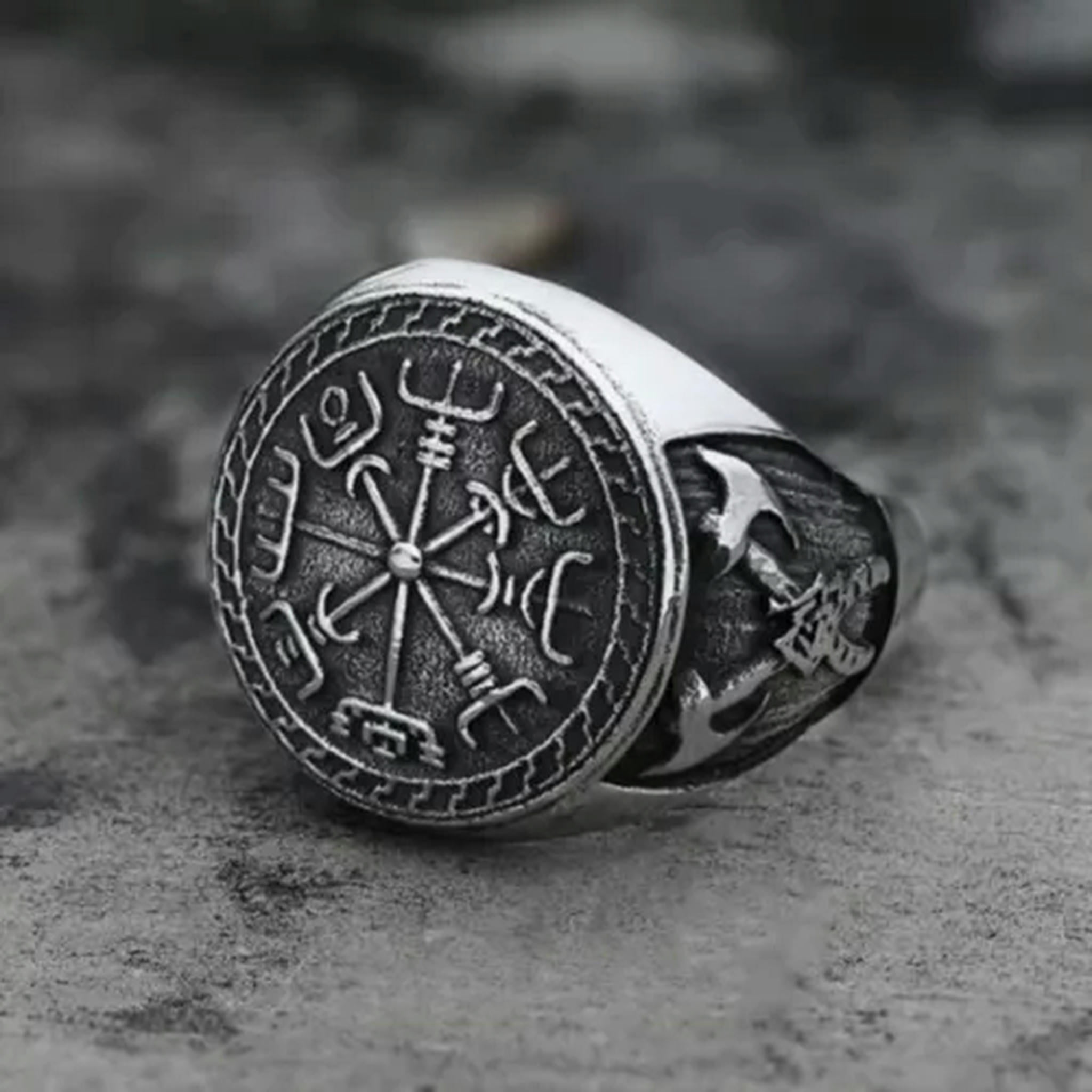 K-KED Viking's Cross Axes Compass Ring Stainless Steel Men's Vintage ...