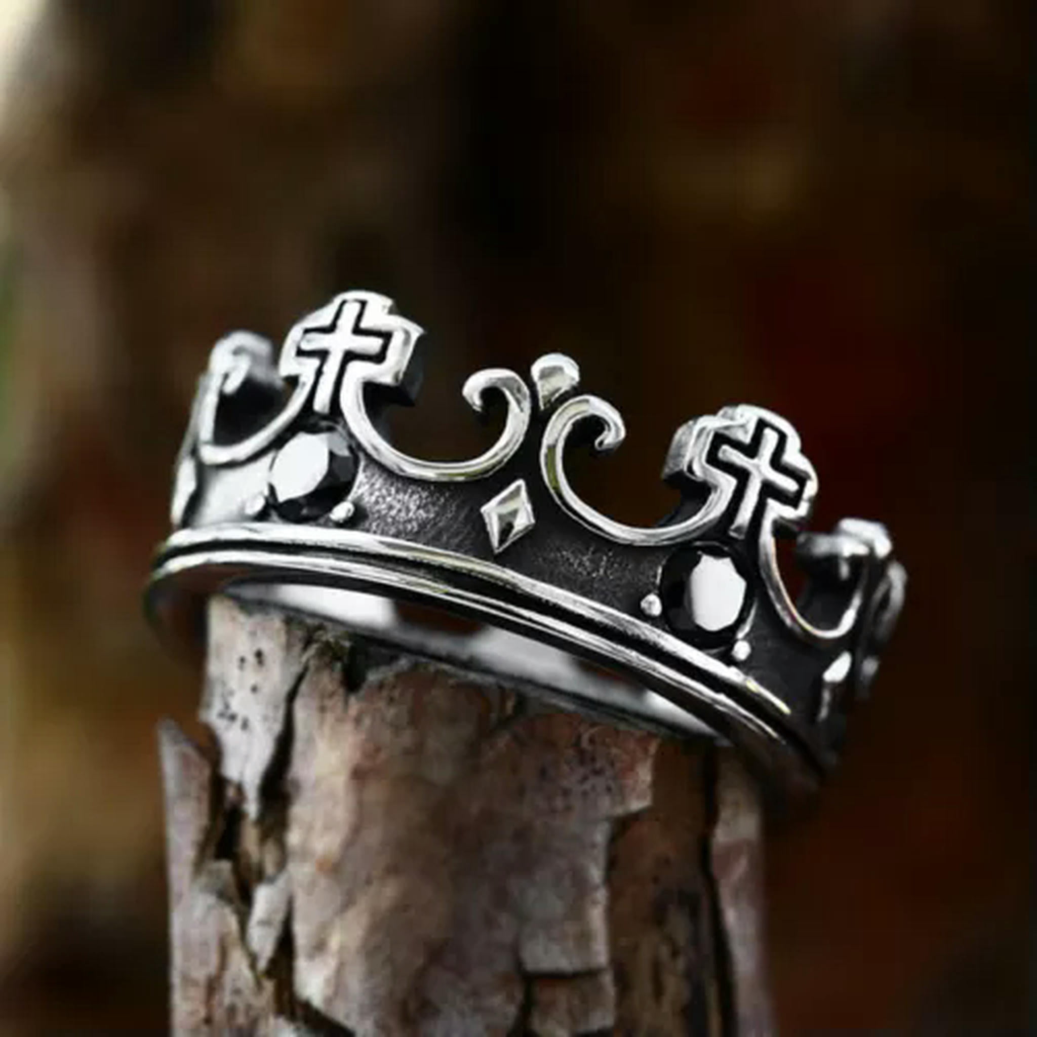 K-KED Vintage Black /Red CZ Cross Crown Ring Stainless Steel King Queen ...