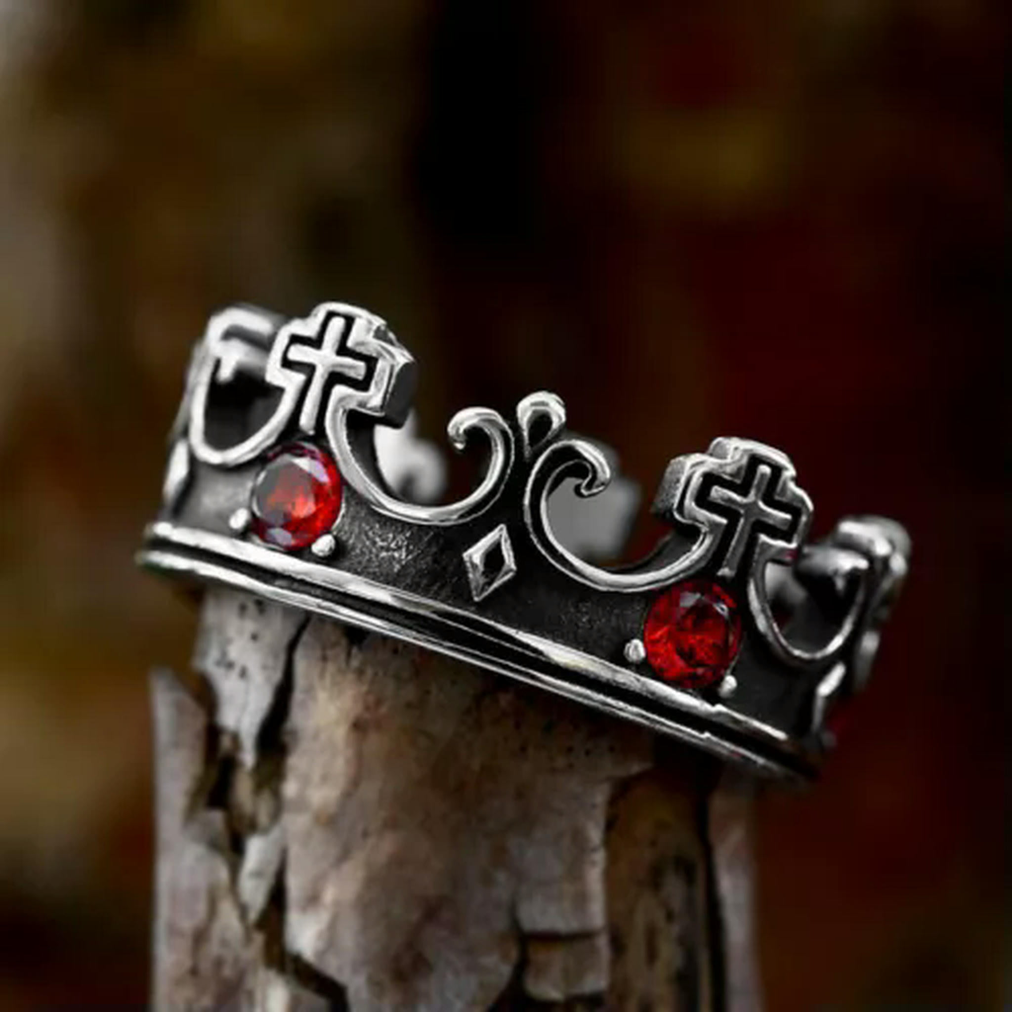 K-KED Vintage Black /Red CZ Cross Crown Ring Stainless Steel King Queen ...