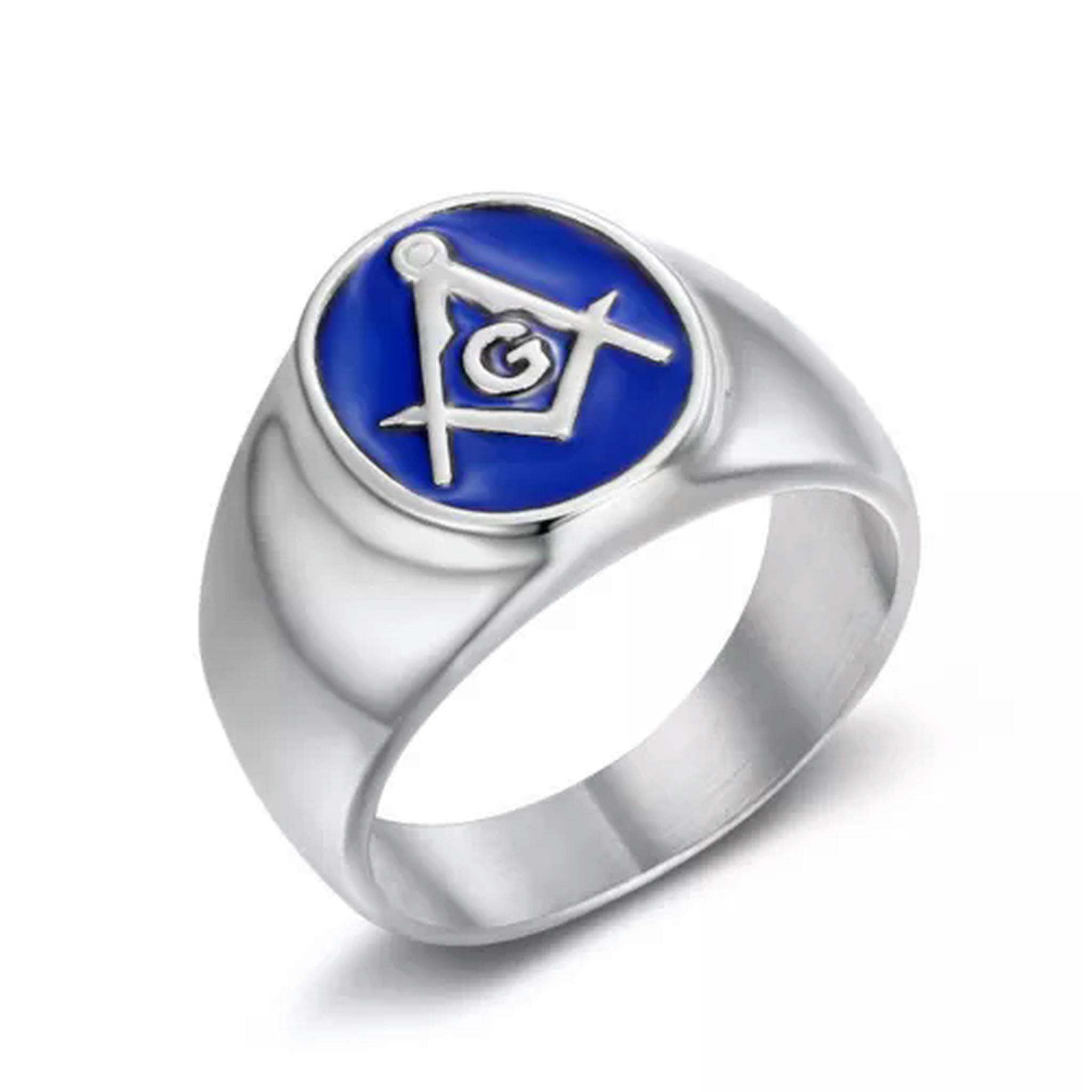 K-KED Vintage Blue Enamel Freemason AG Ring Stainless Steel Oval ...