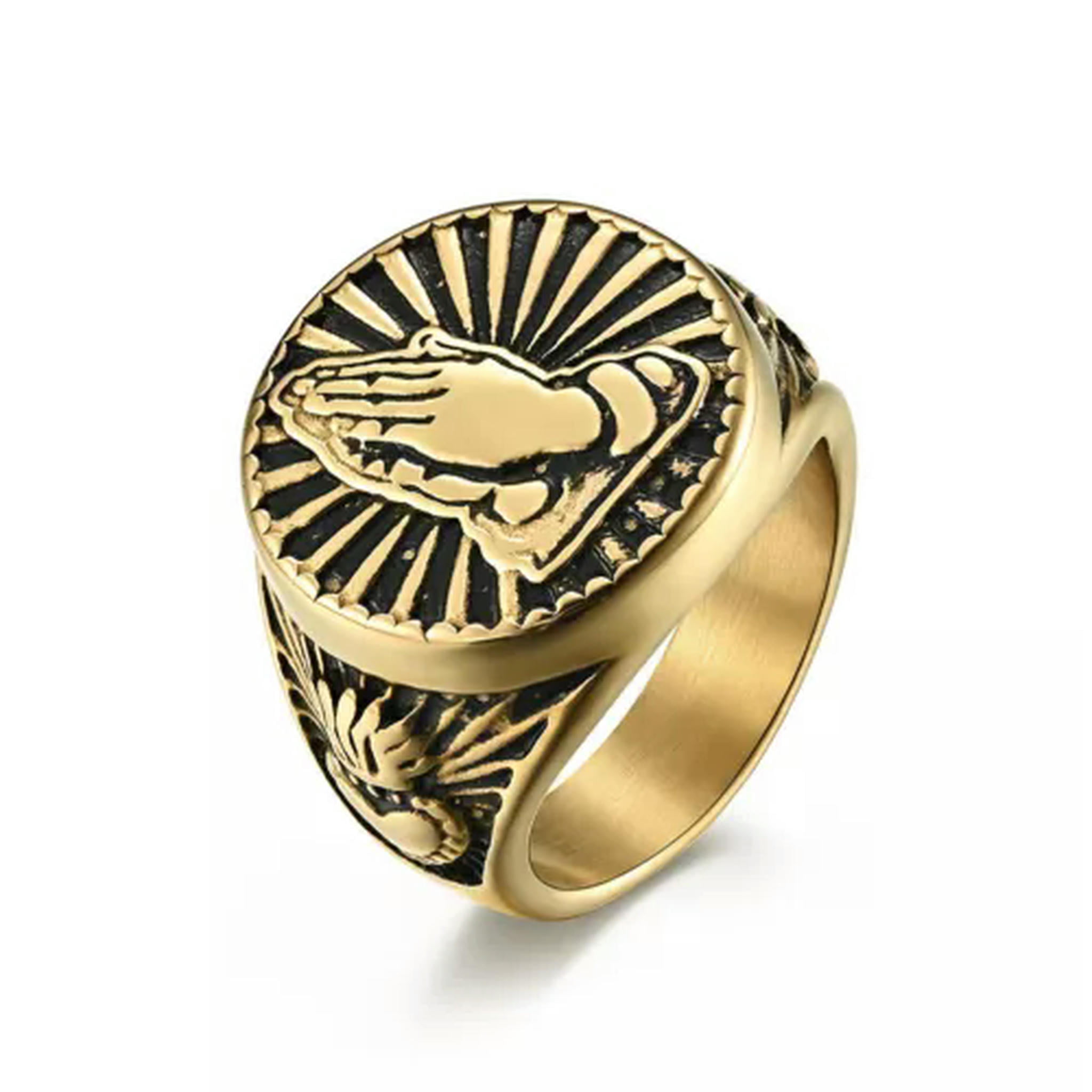 K-KED Vintage Crown Heart Praying Hands Ring Stainless Steel Lord's Prayer Signet Ring-8-Gold ...