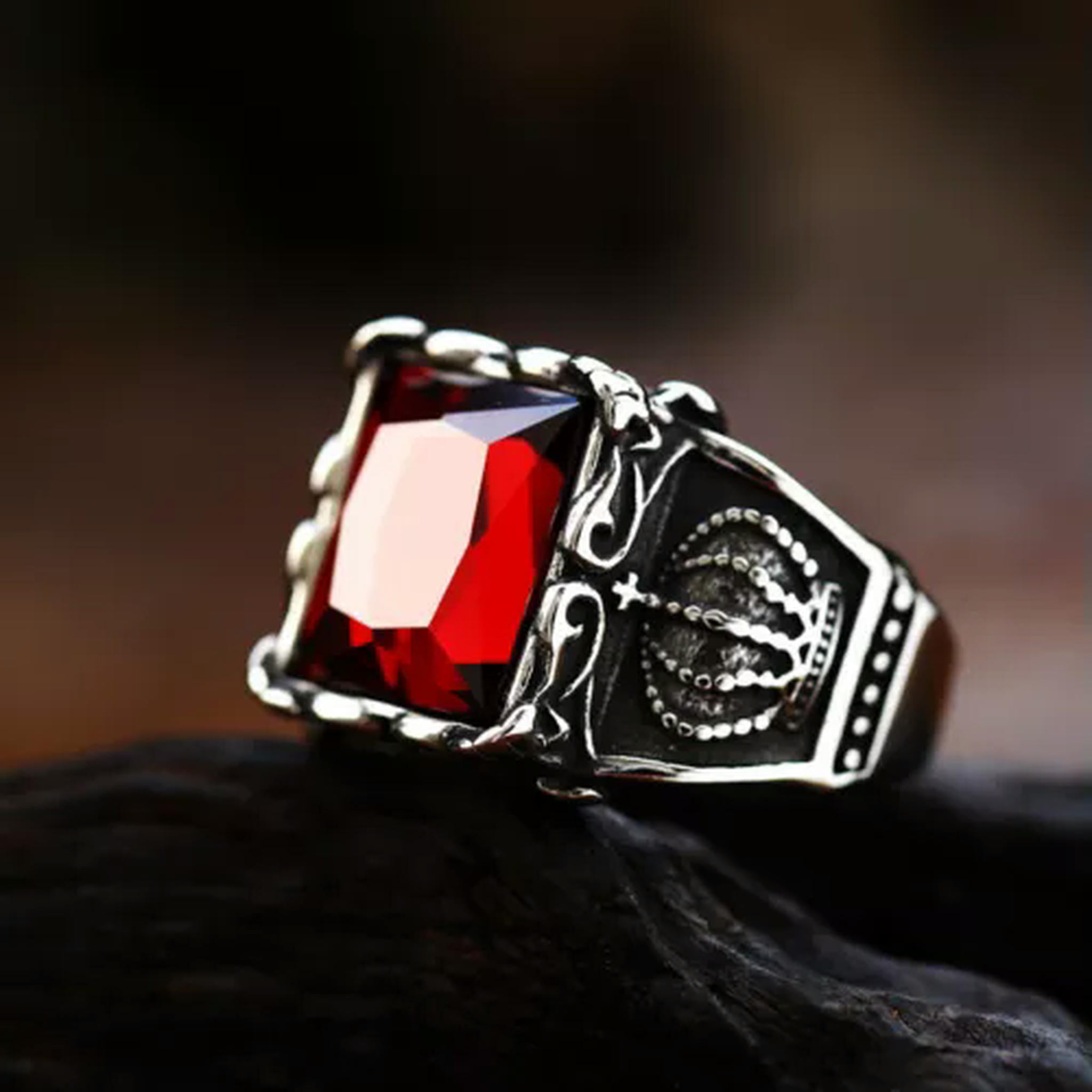 K-KED Vintage King Queen Crown Ring Stainless Steel Gothic Red CZ Stone ...
