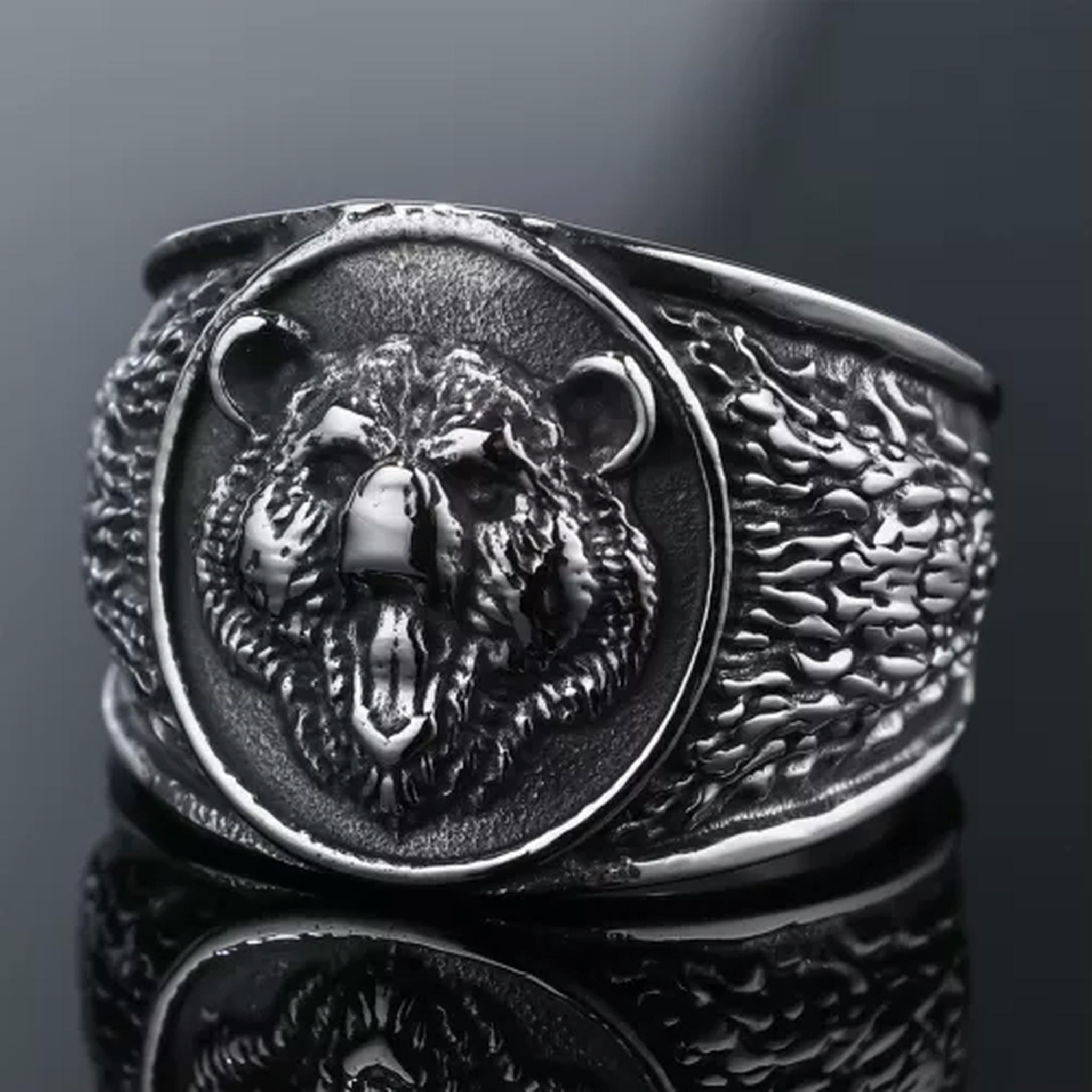 K-KED Vintage Roaring Bear Head Signet Ring Stainless Steel Men's ...