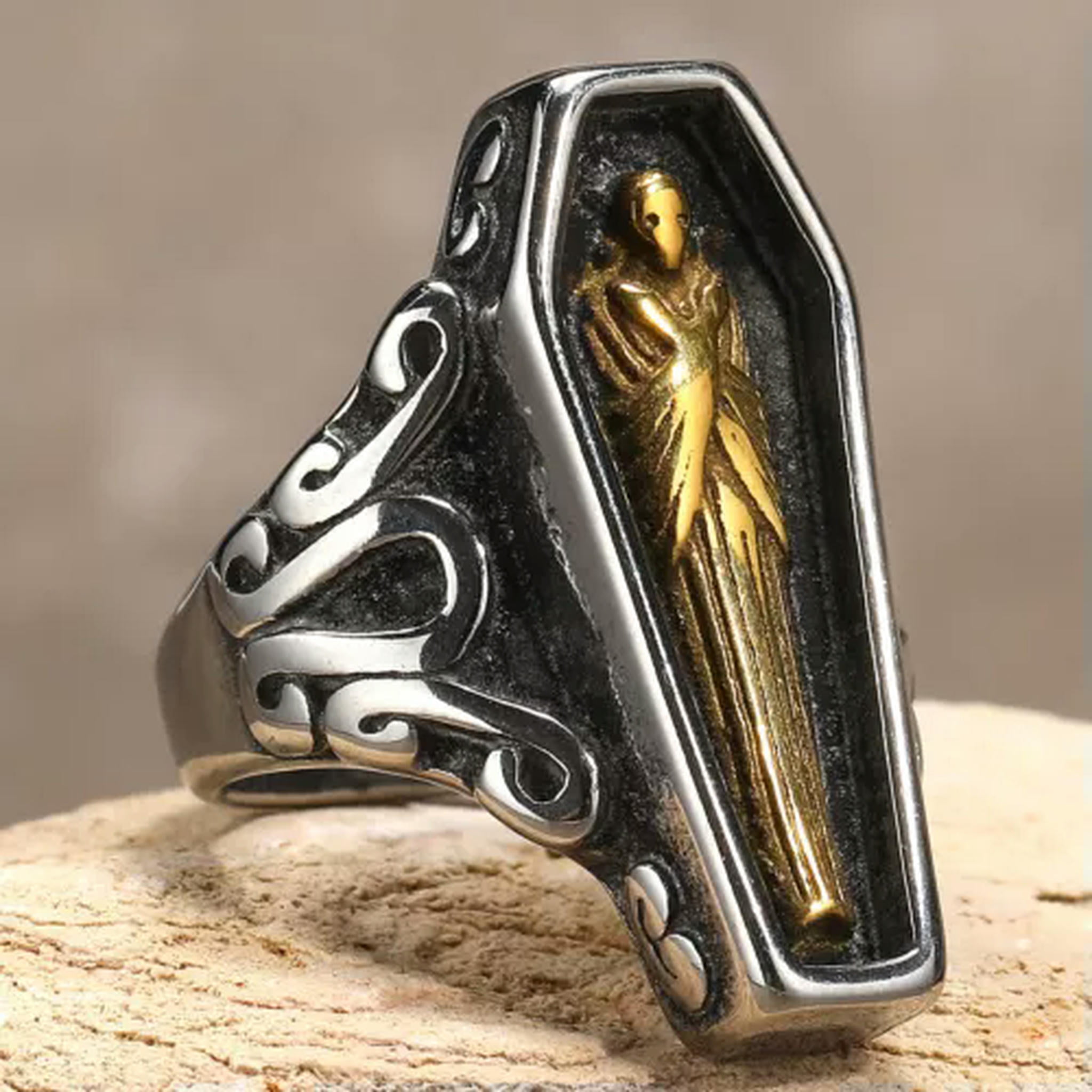 K-KED Vintage Silver Gold Vampire Coffin Mummy Ring Stainless Steel ...