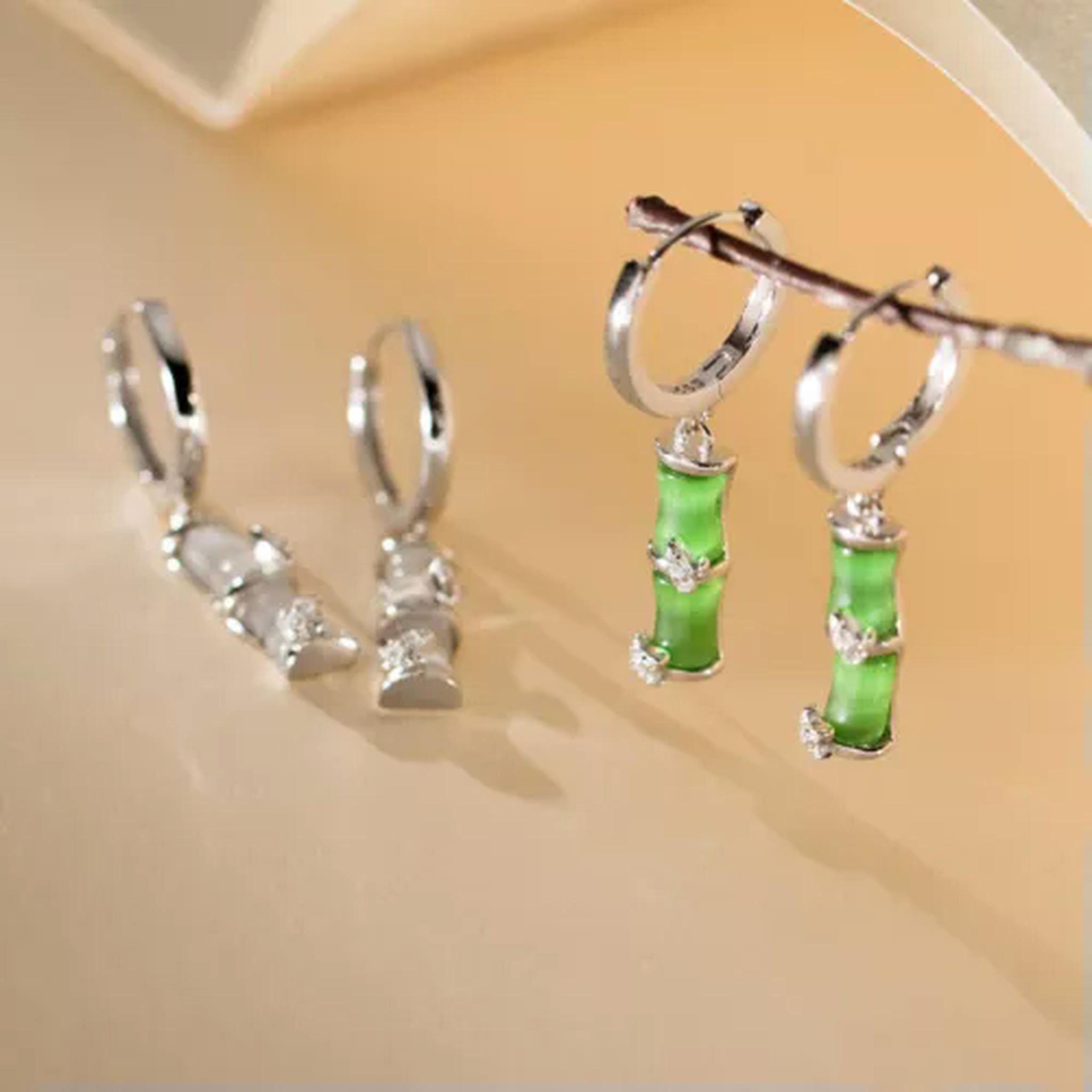 K-KED White/Green Cat Eye Stone Stud Earrings Hoop Bamboo Drop Dangle ...